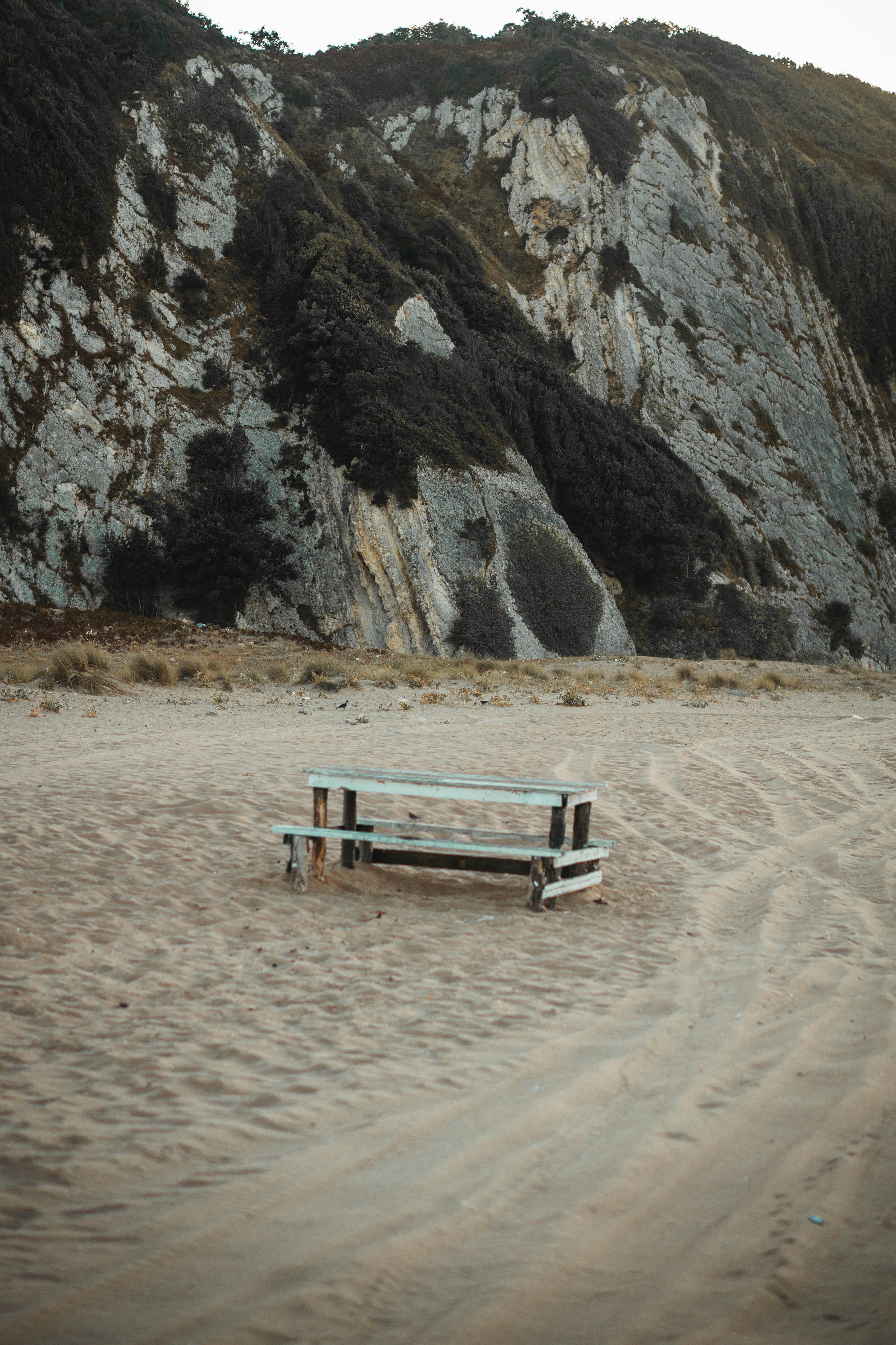 Weathered Bench at the Base of a Cliff on a Wind-Swept Beach