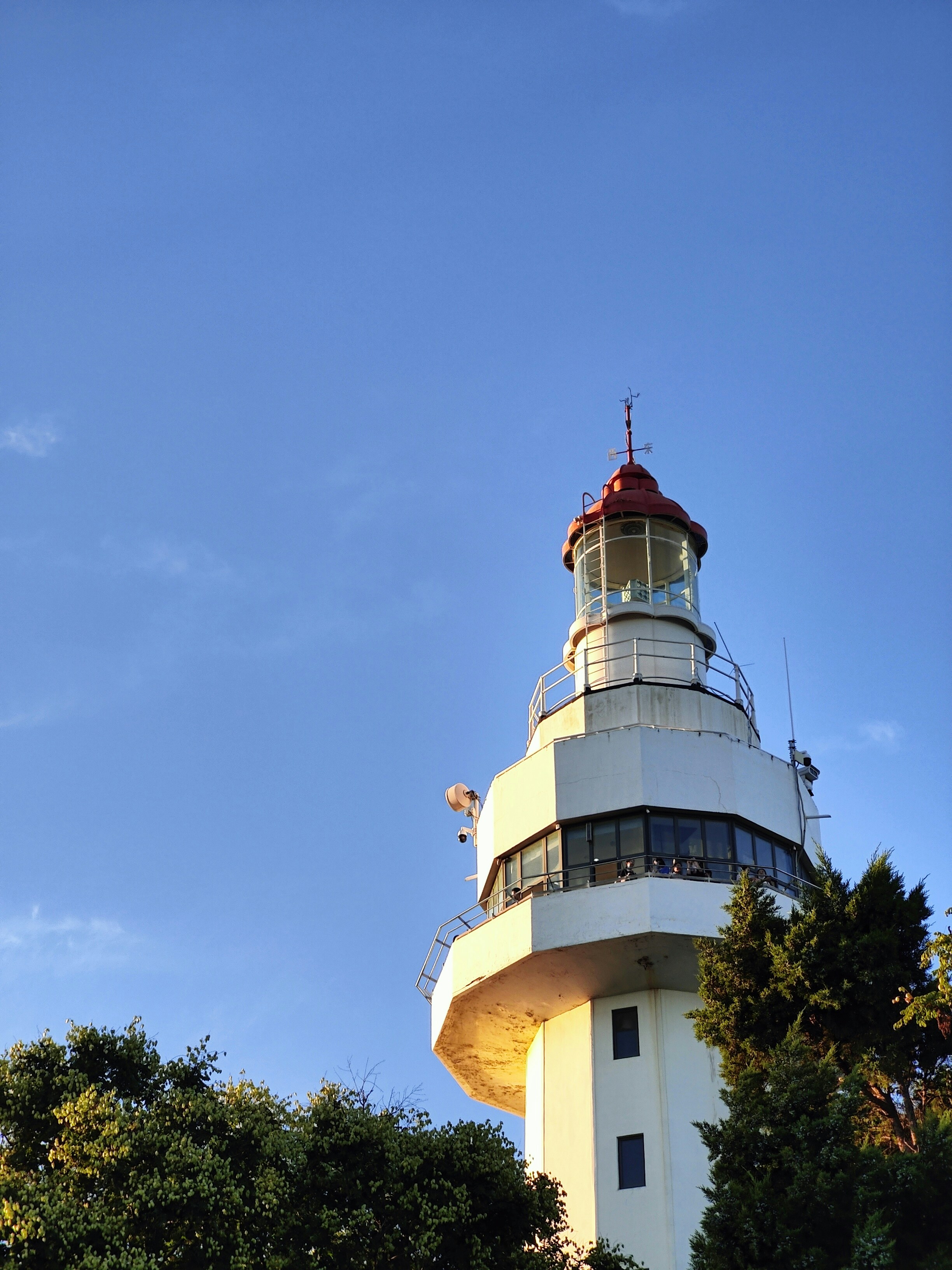 A lighthouse stands tall against a clear blue sky, surrounded by lush greenery, symbolizing guidance and safety for passing ships.