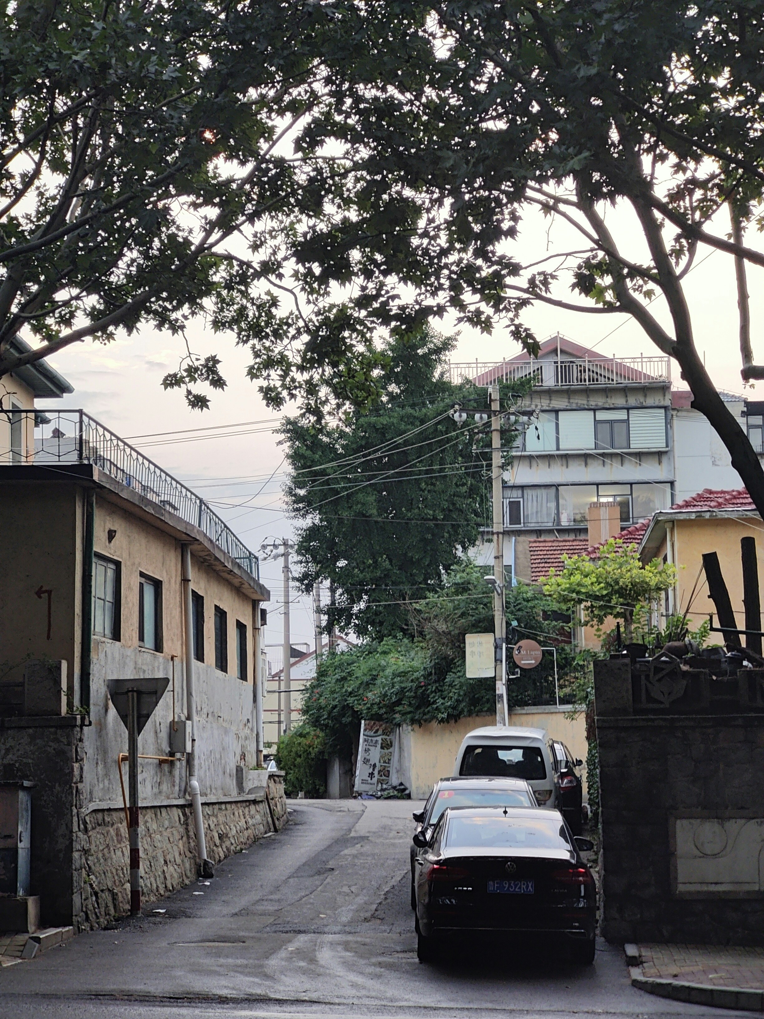 Narrow alleyway bordered by rustic buildings and greenery, leading to a distant view of urban architecture. A parked car adds a touch of modernity to the serene scene.