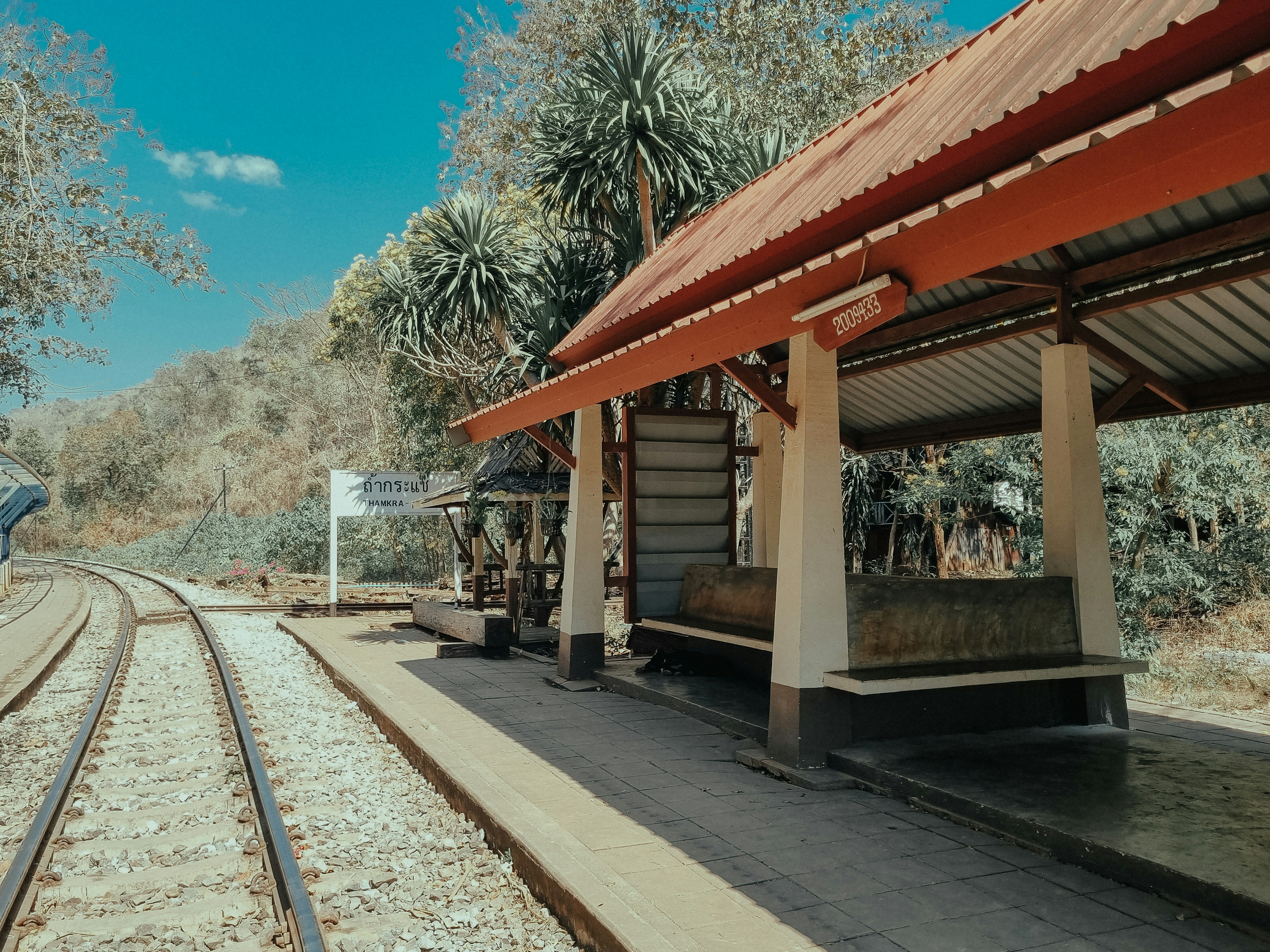 Abandoned train station with rustic benches and overgrown trees lining the tracks. Sunlight filters through the foliage, creating a serene atmosphere.