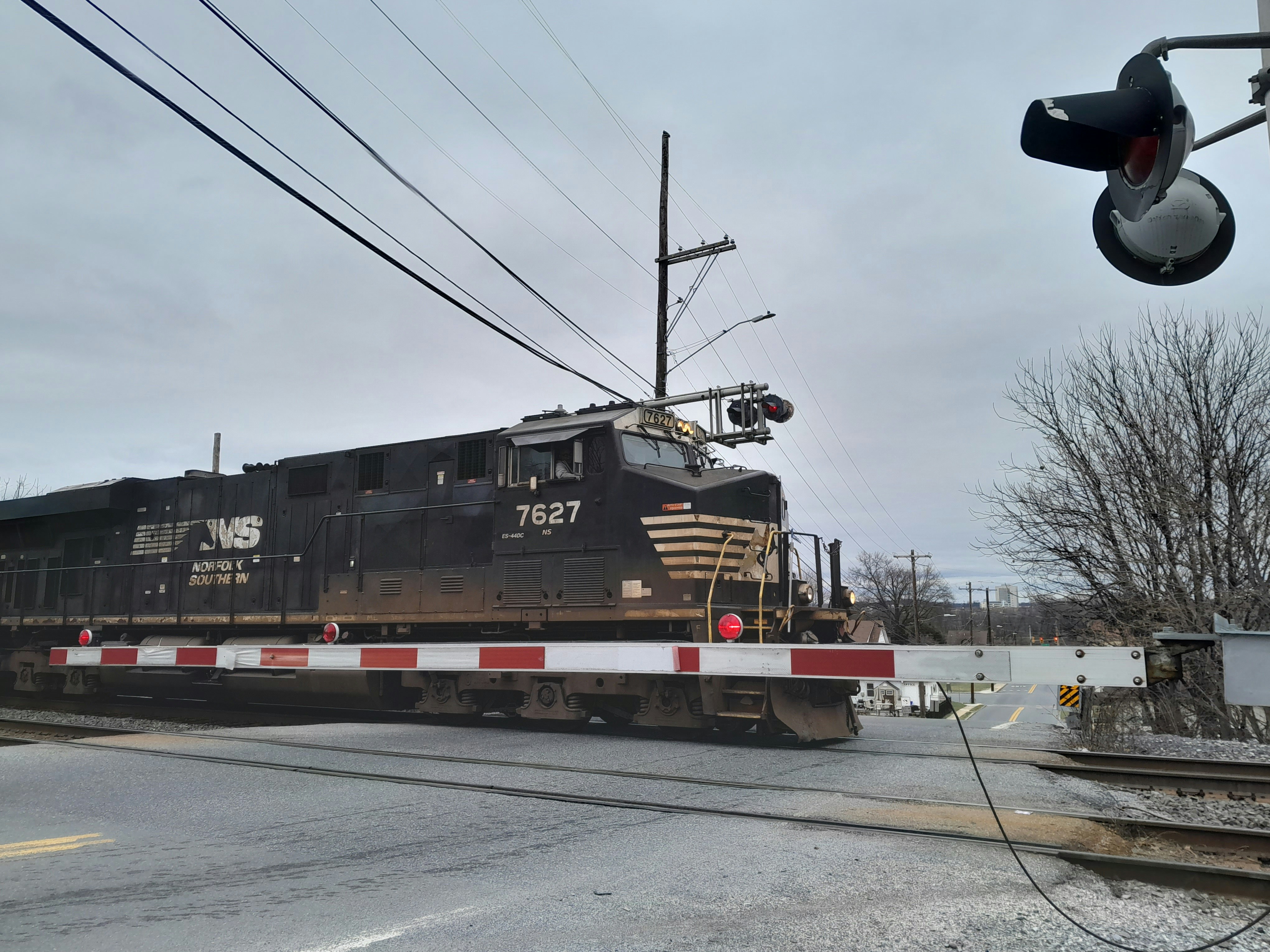 Freight train passing through a railroad crossing with signal lights activated. The scene captures the industrial essence of rail transport.