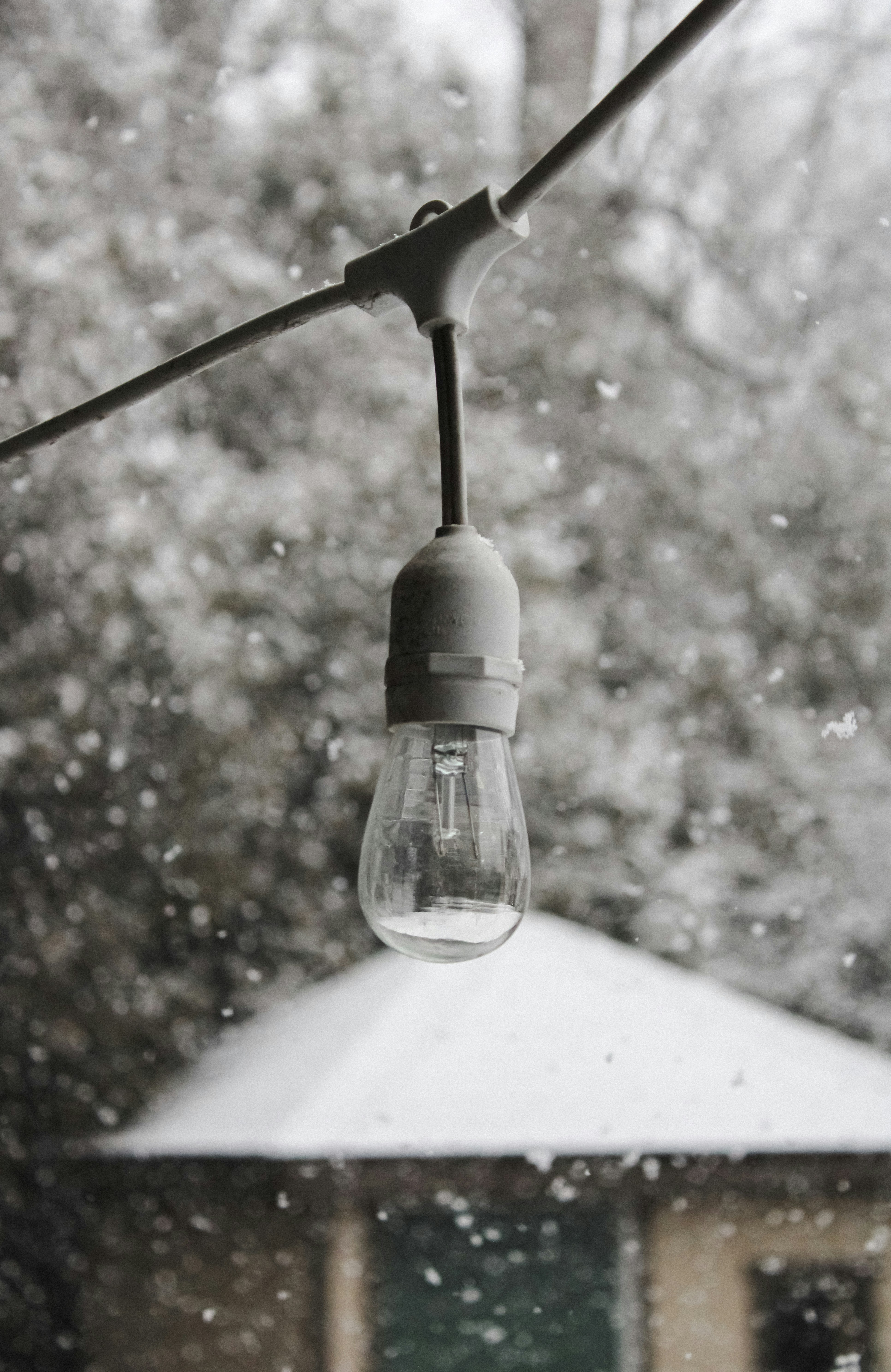 Winter Light: A solitary bulb pendant under falling snow in grayscale