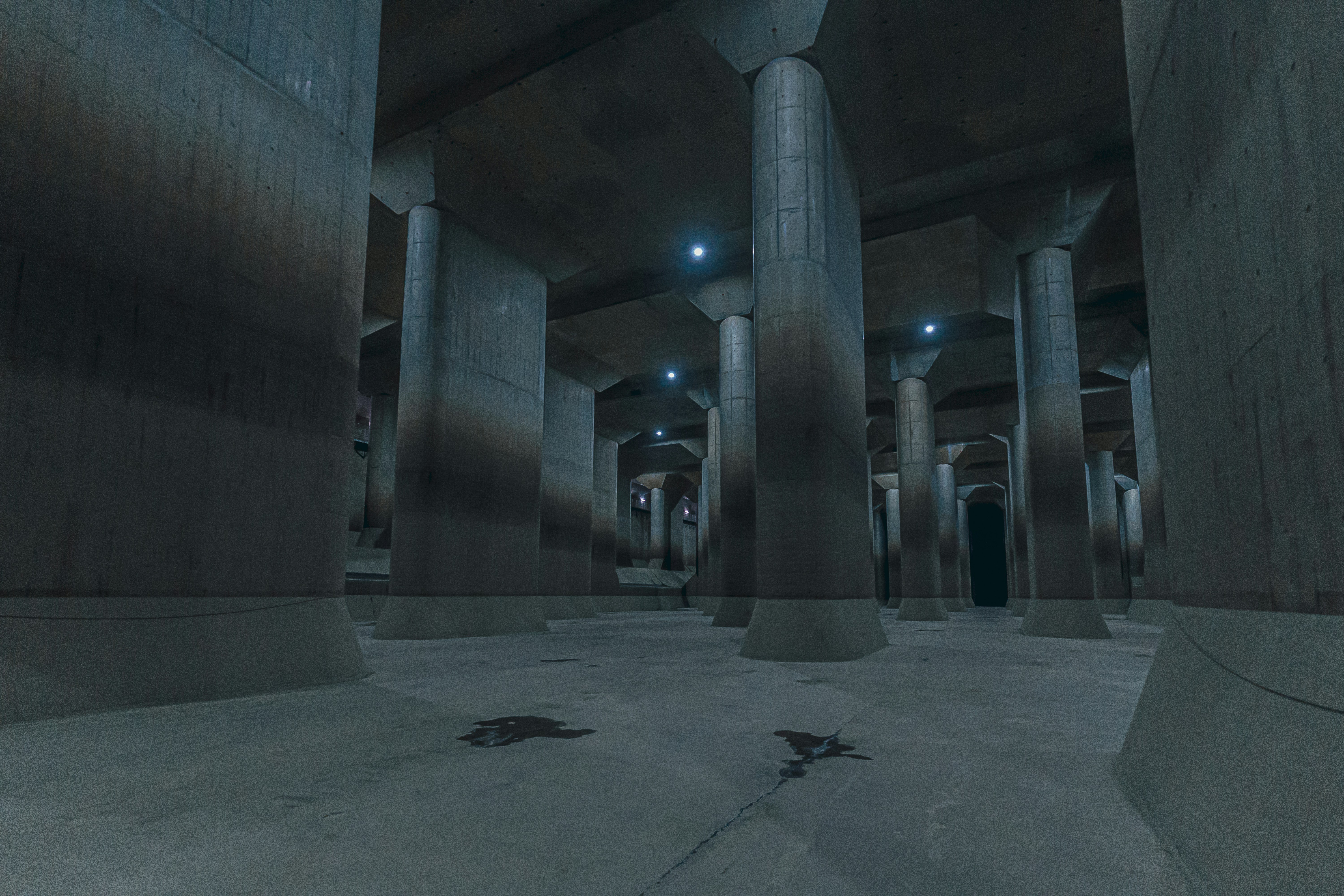 Expansive underground space filled with towering concrete columns and soft blue lighting, creating an otherworldly atmosphere. The scene evokes a sense of scale and depth.