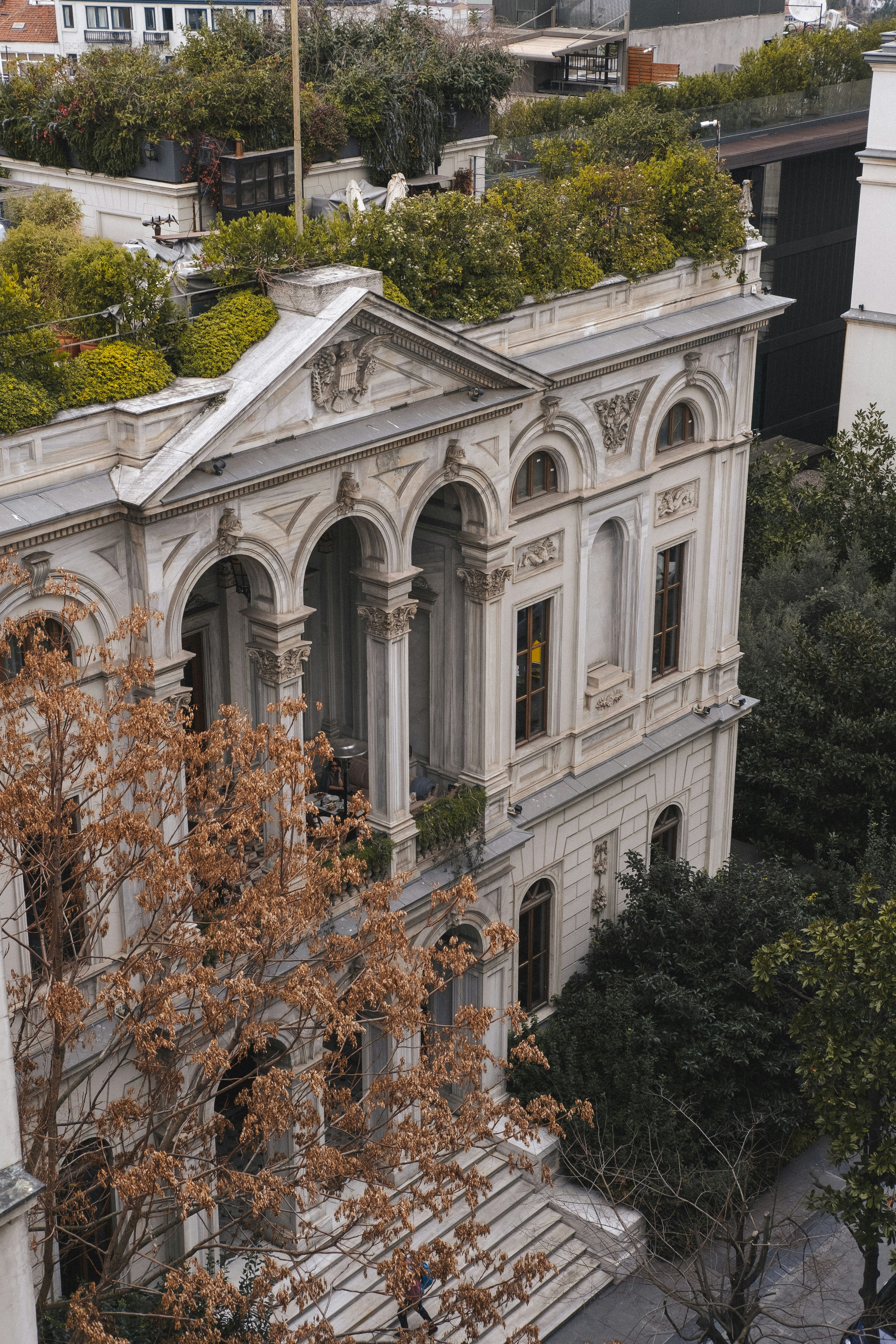 Ornate Terrace Facade: A Sanctioned View of Classical Architecture from Above