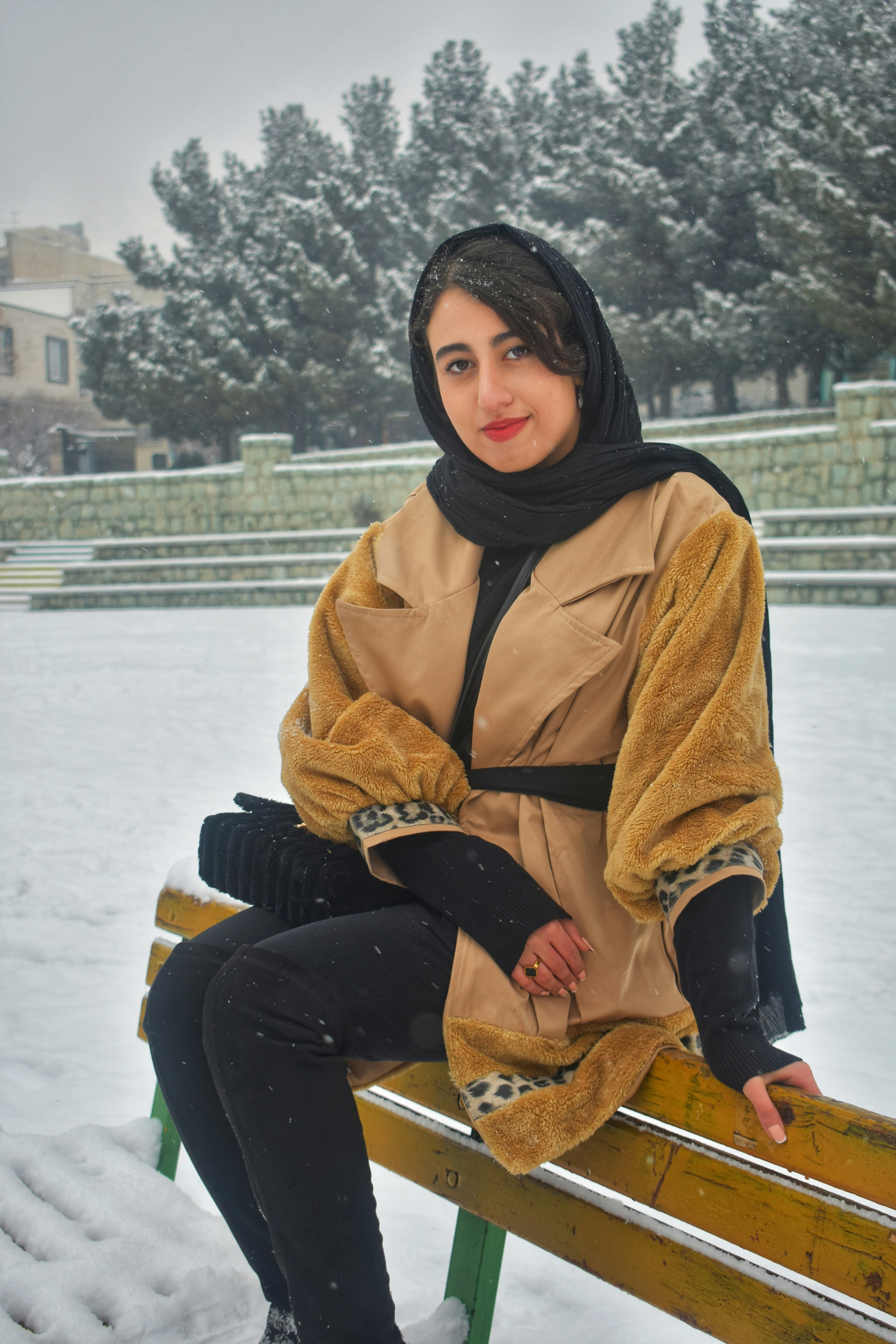 Frost-Kissed Portrait on a Snow-Dusted Bench