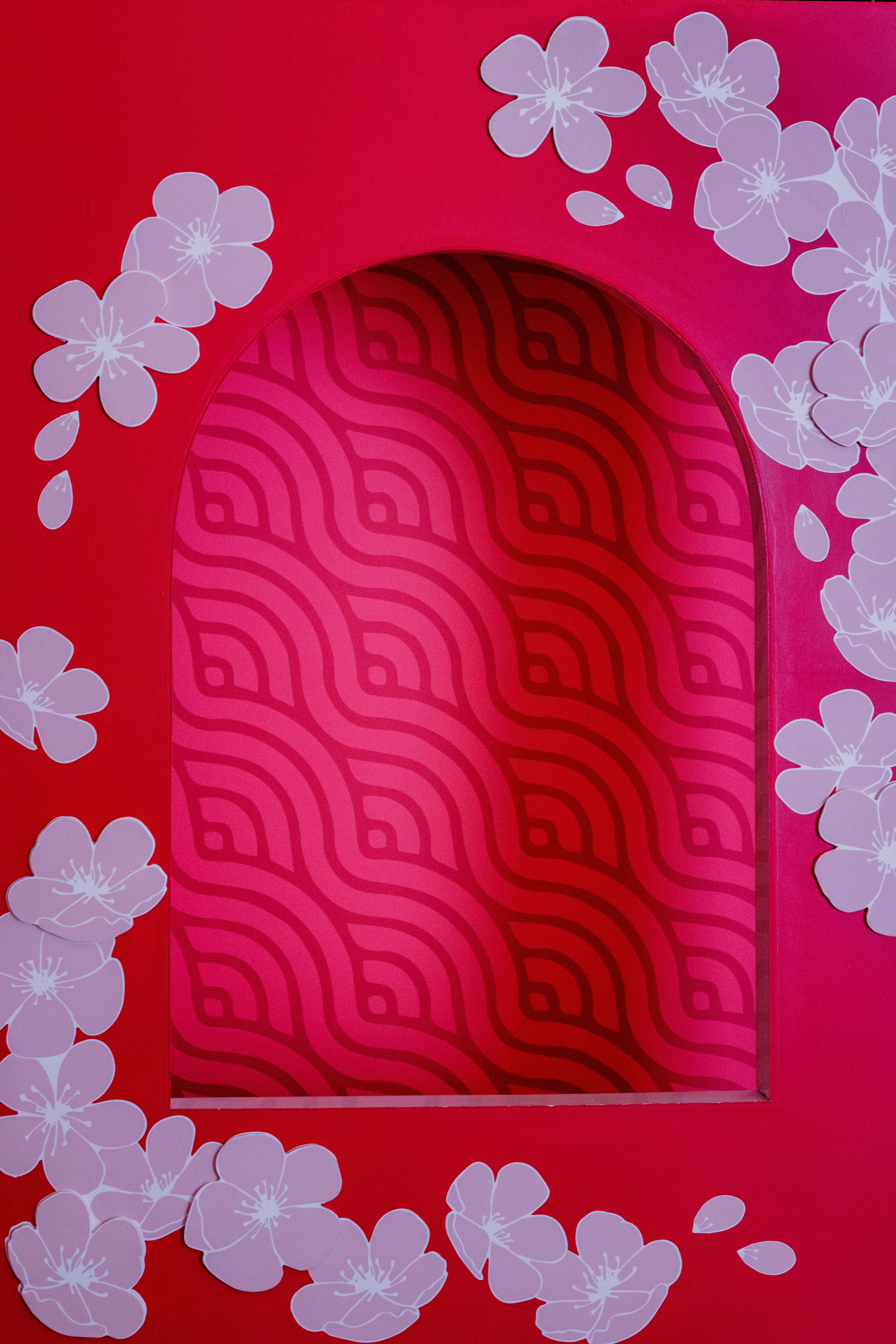 Red Archway with Floral Frame and Geometric Inner Pattern