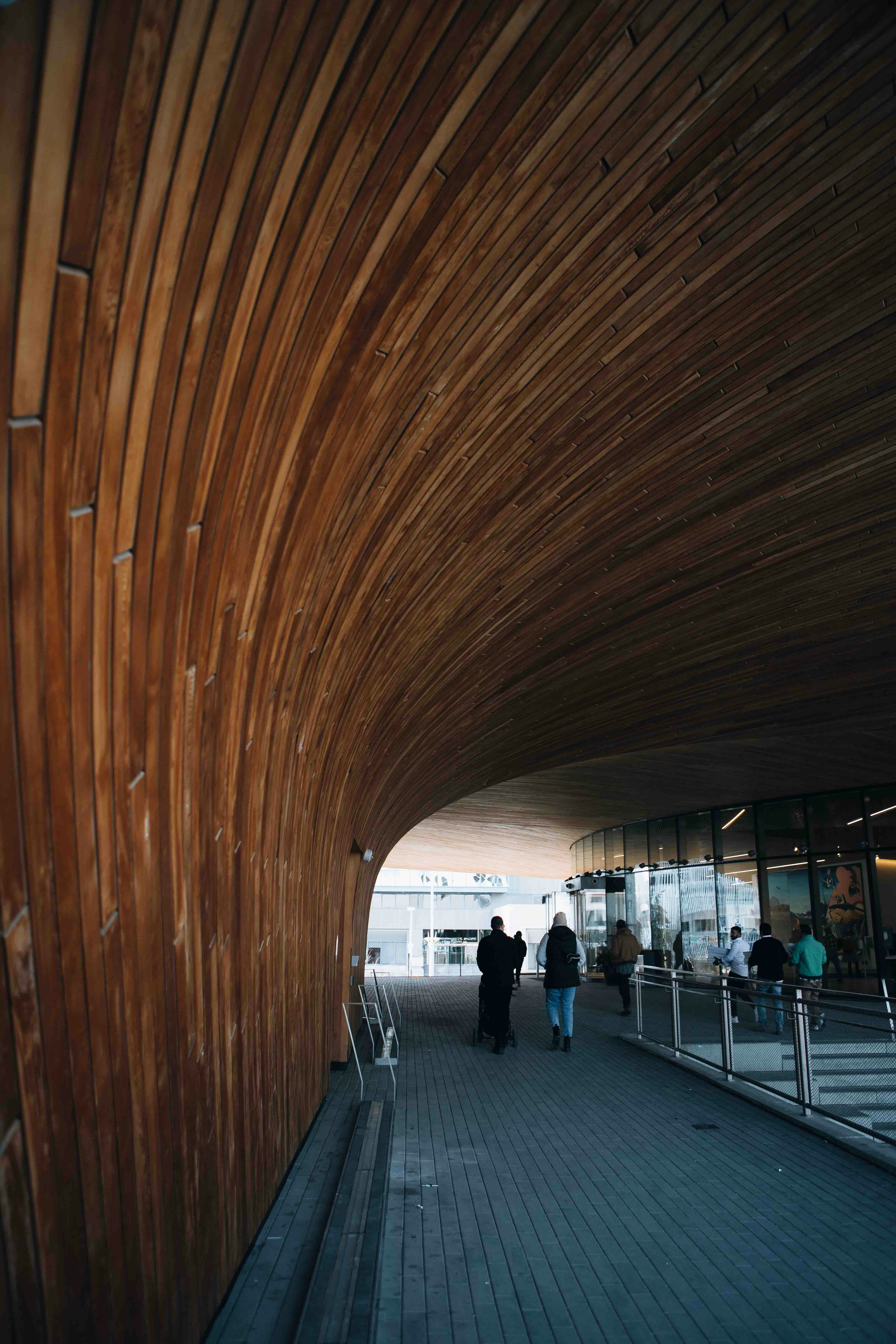 Curved Cedar Corridor: People Walk Through a Wooden Arc into Light