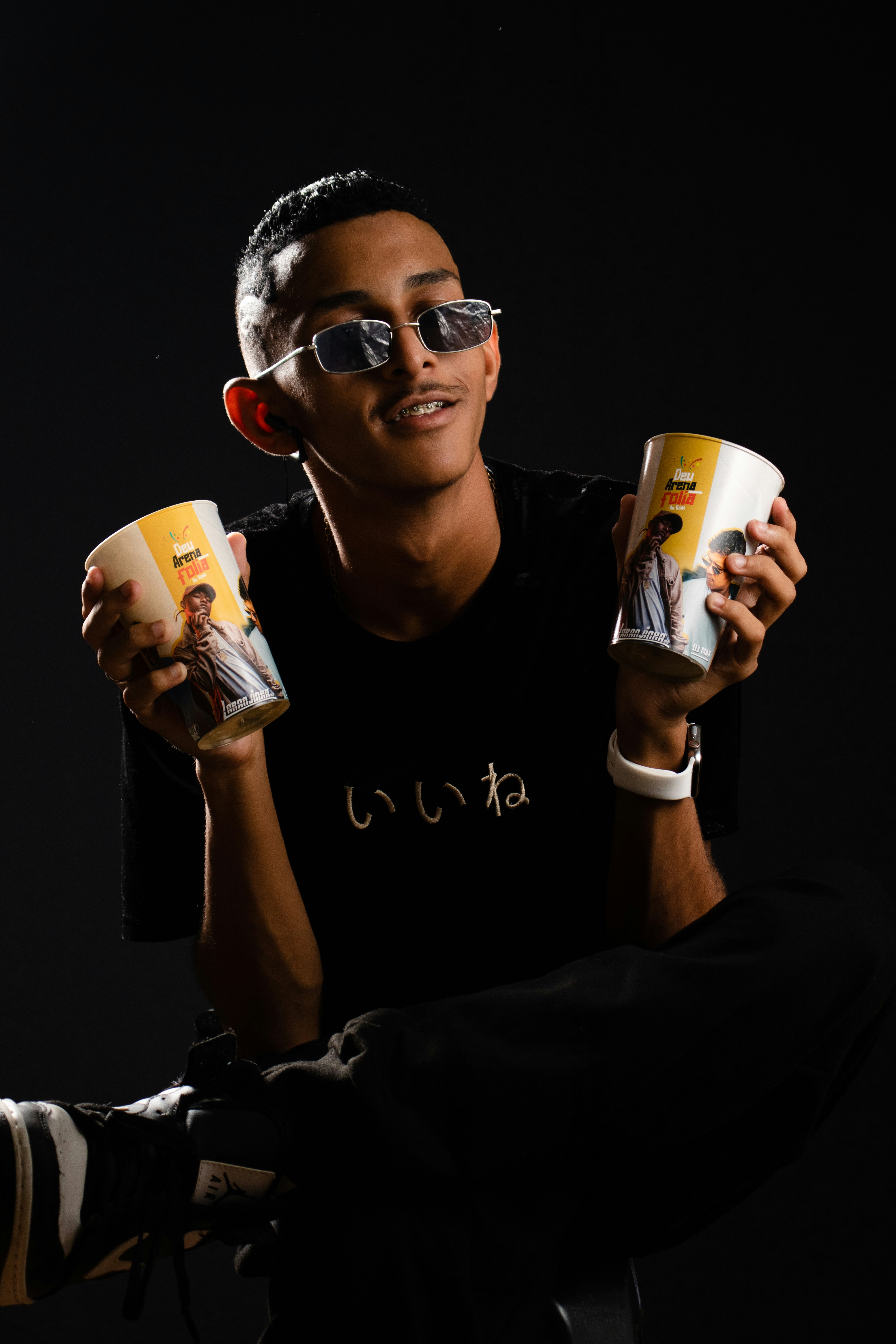 Night Cup Confidant: Neon Glasses and Covert Smiles