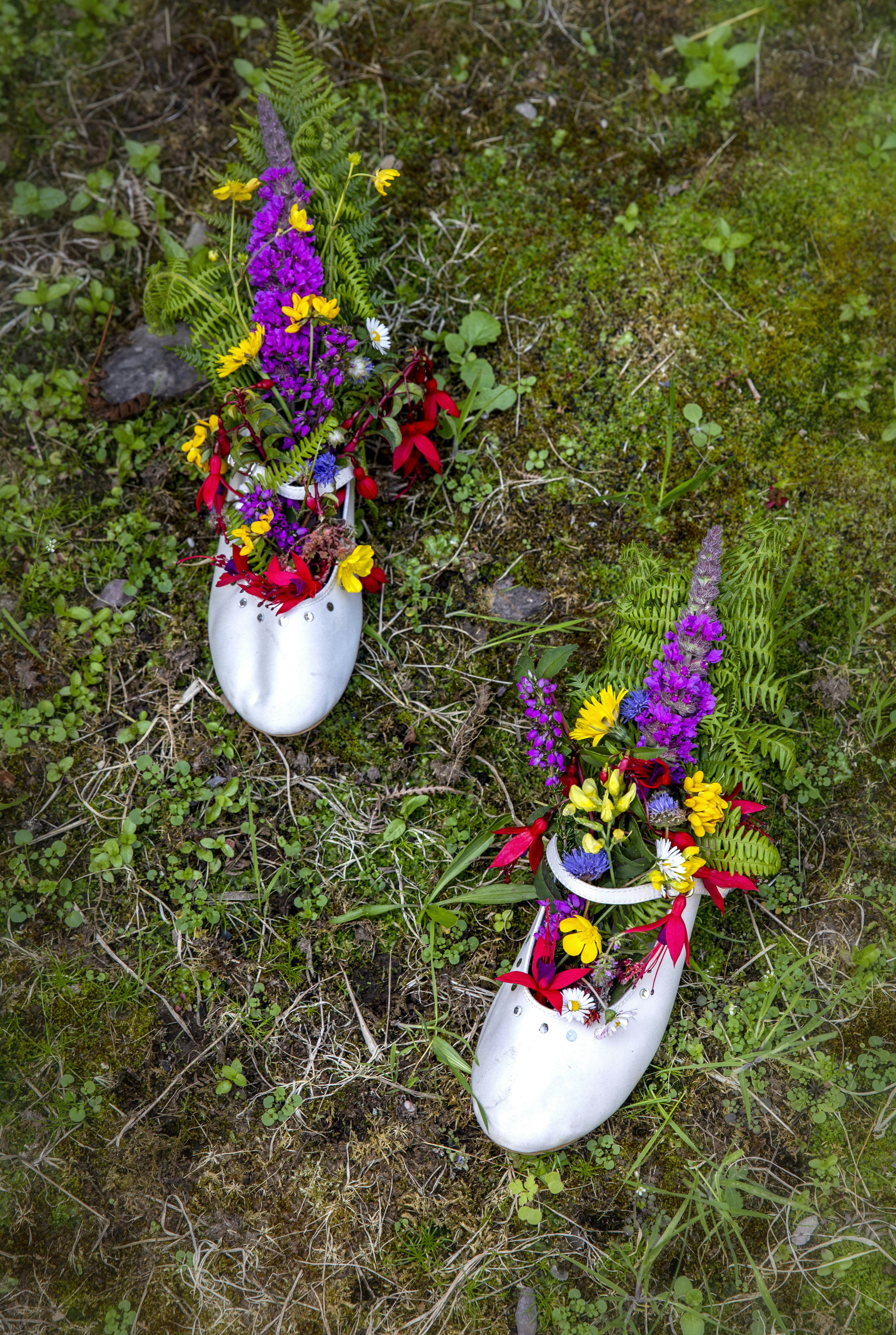Blossom Vessels: White Shoes Overflowing with Wildflowers on Moss