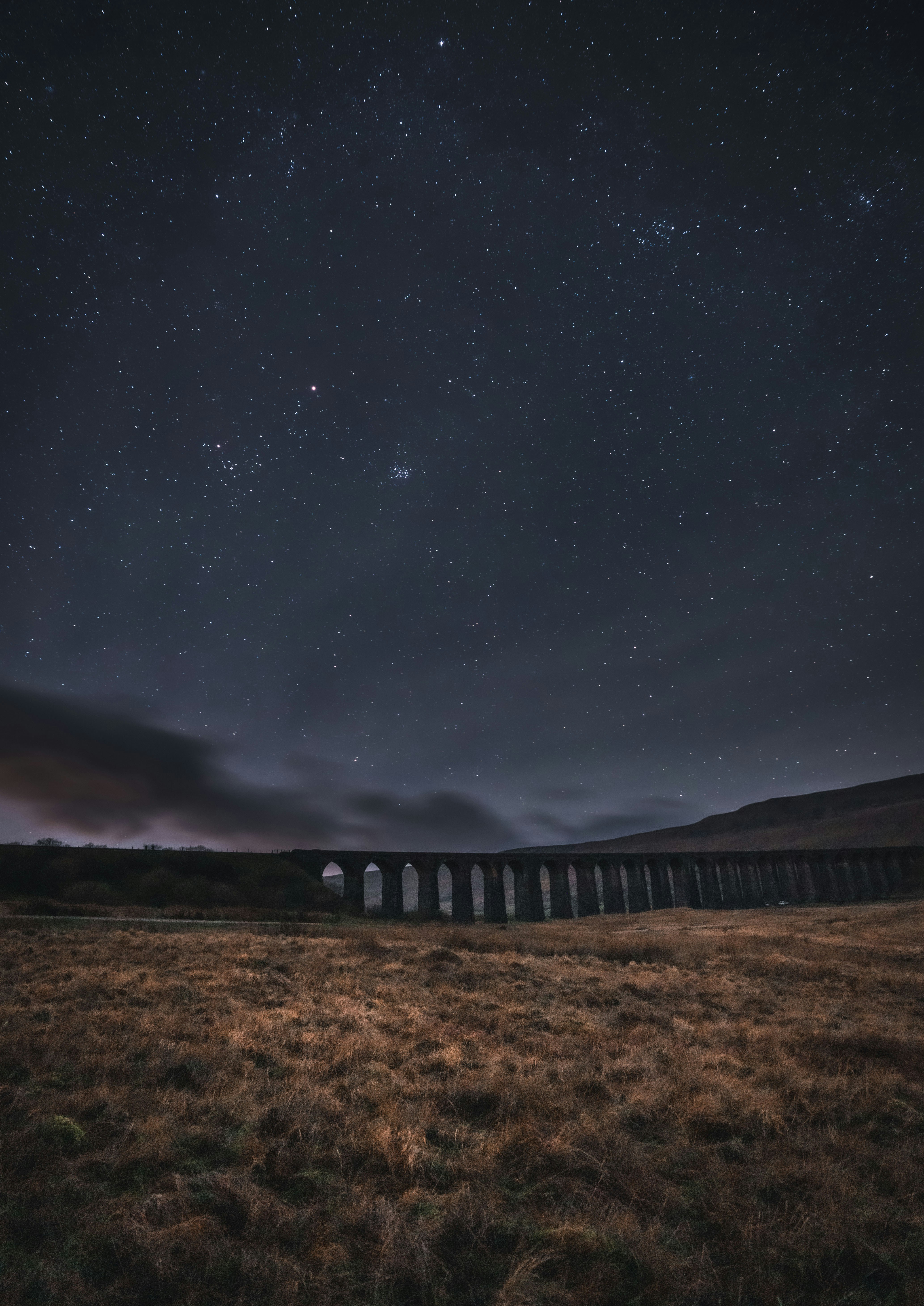 Starry night sky above a long viaduct stretching across a grassy landscape.