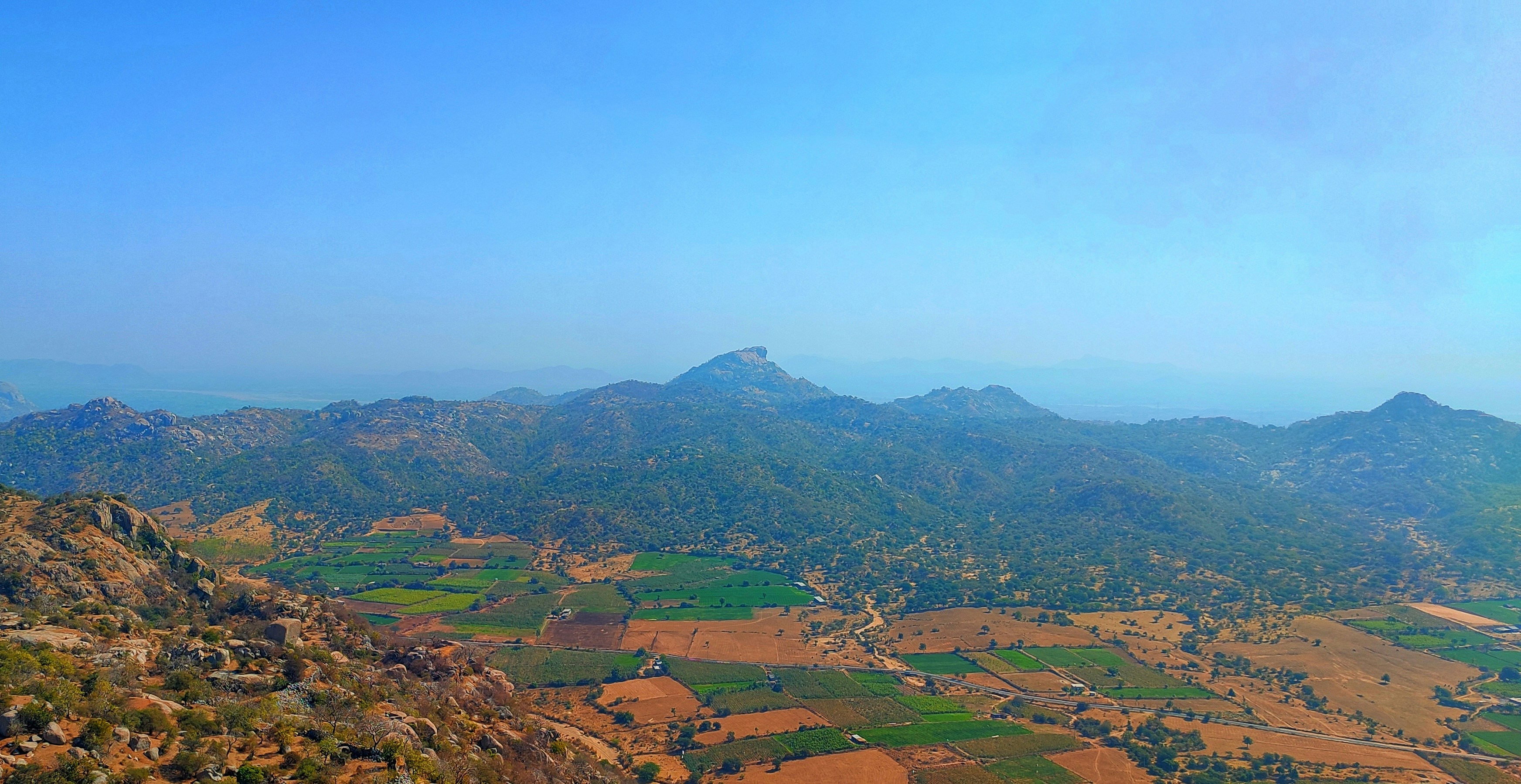 Vast landscape showcasing rolling hills and cultivated fields under a clear blue sky. The scene captures the tranquil coexistence of nature and agriculture.