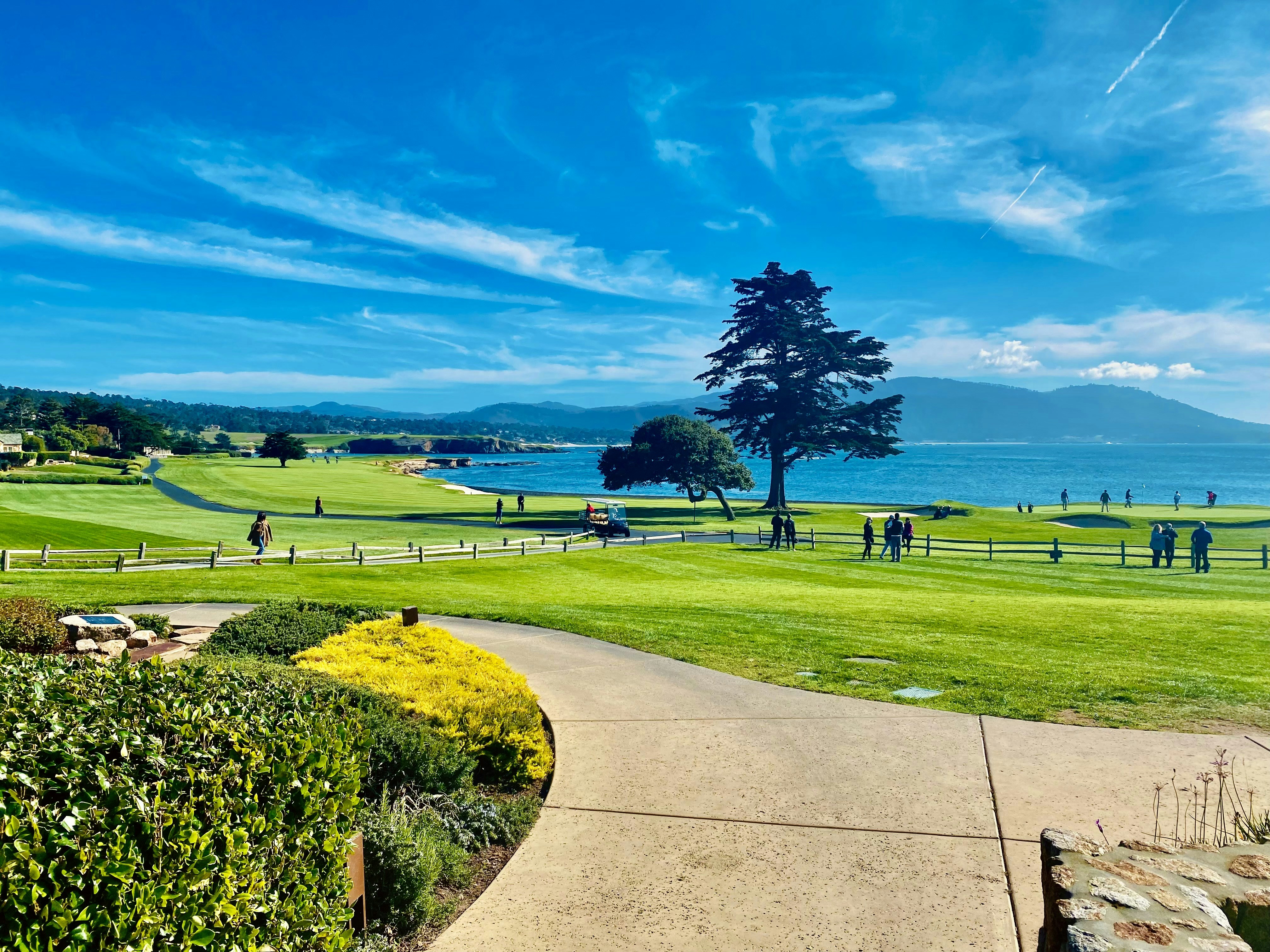 a scenic view of a golf course with a lake in the background