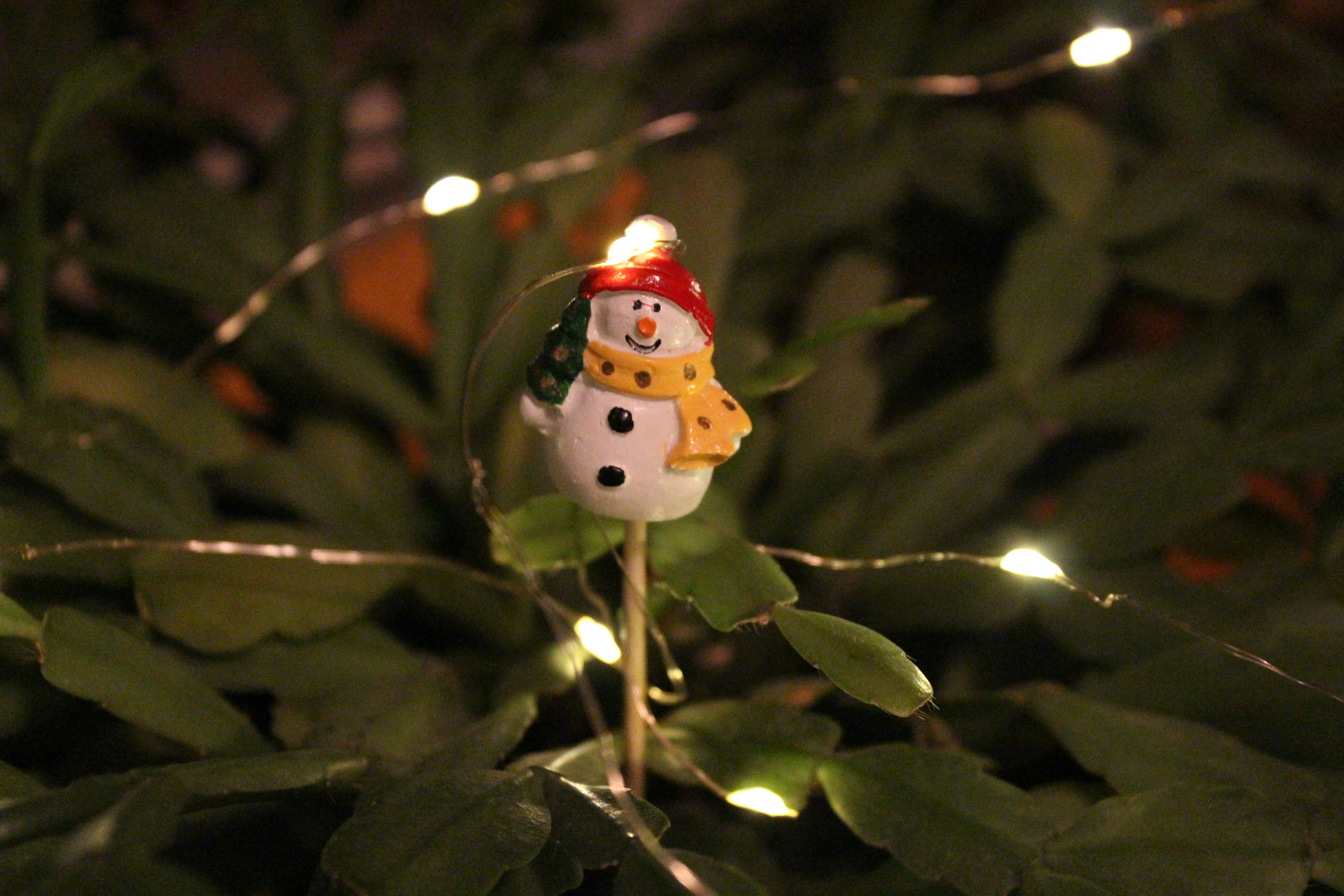 Tiny Snowman on a Stick in a Leafy Glow Beneath Fairy Lights