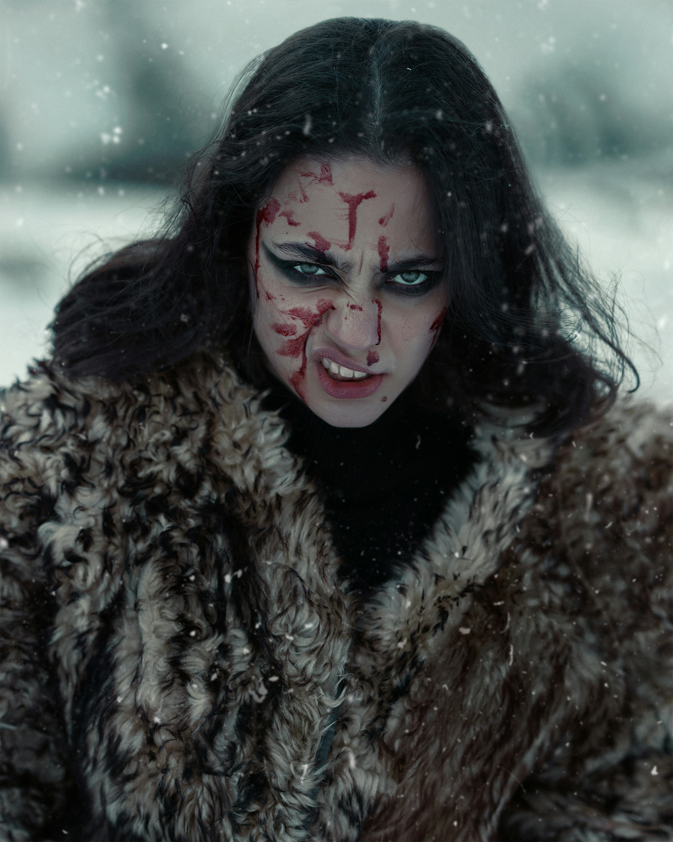 Winter Fury: Red Trails on Pale Snow