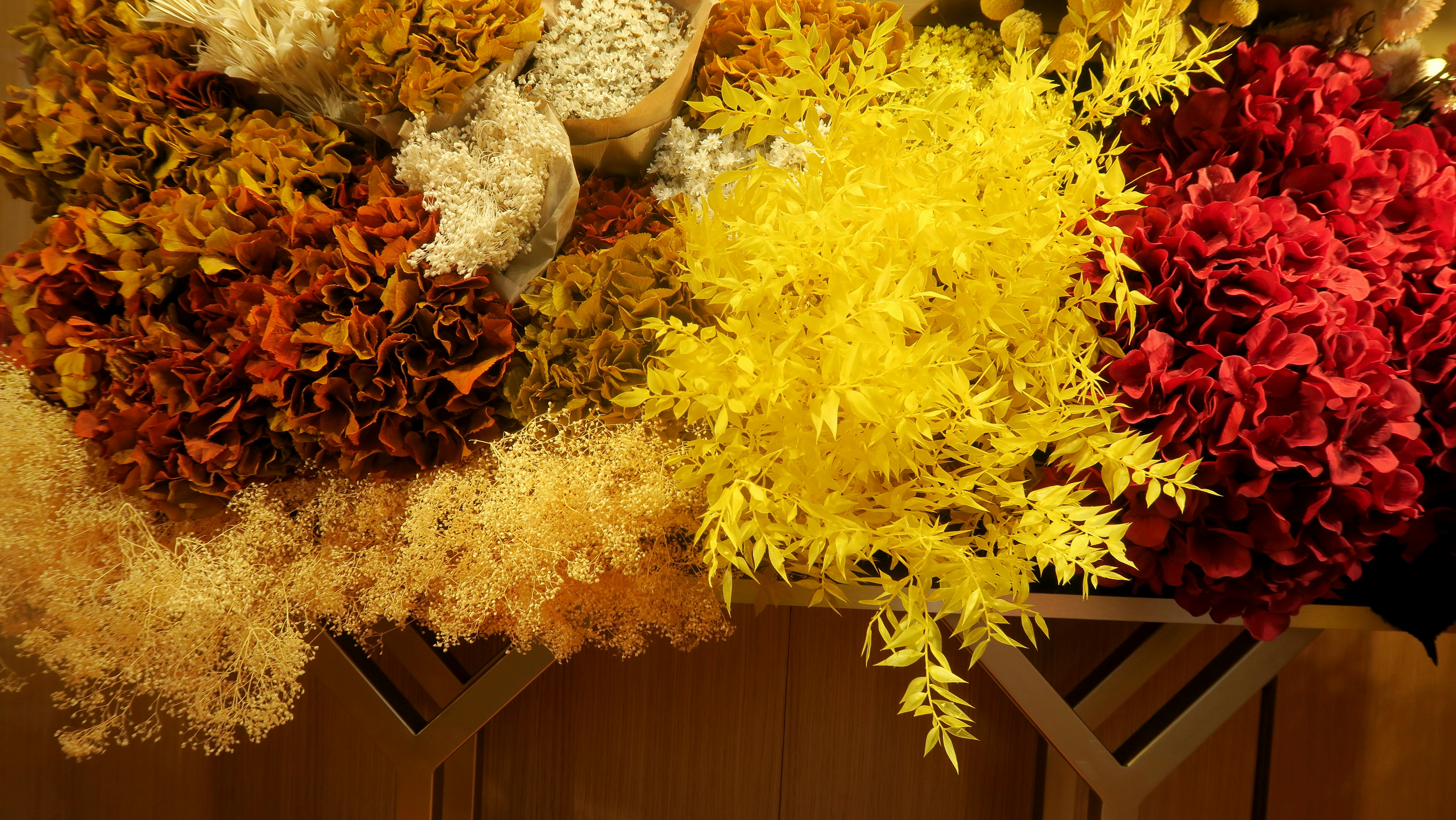 Vibrant arrangement of dried flowers showcasing a rich palette of yellows, reds, and browns, artfully displayed against a wooden backdrop.