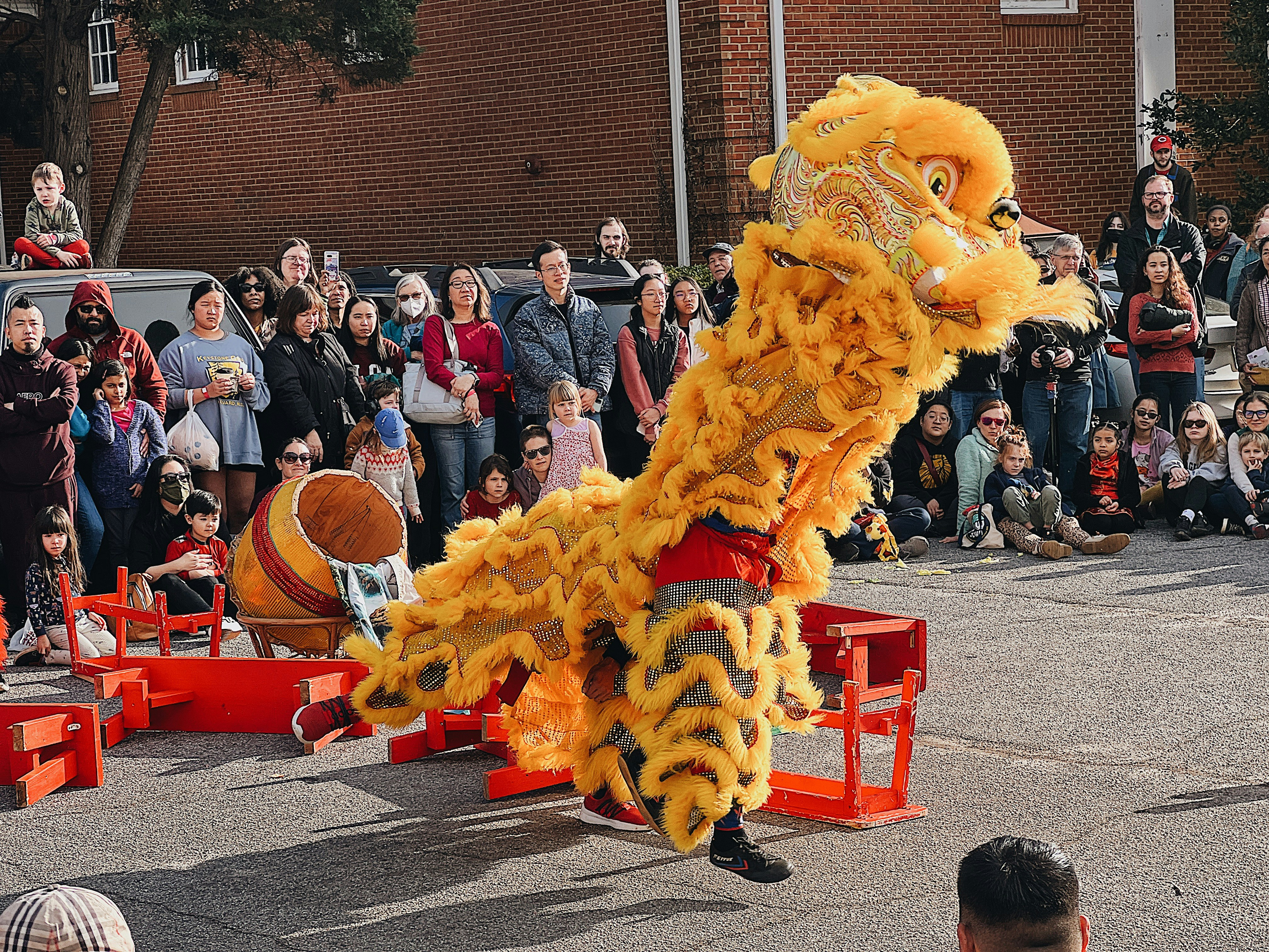 Golden Dragon Soars Over a Crowded Street Celebration