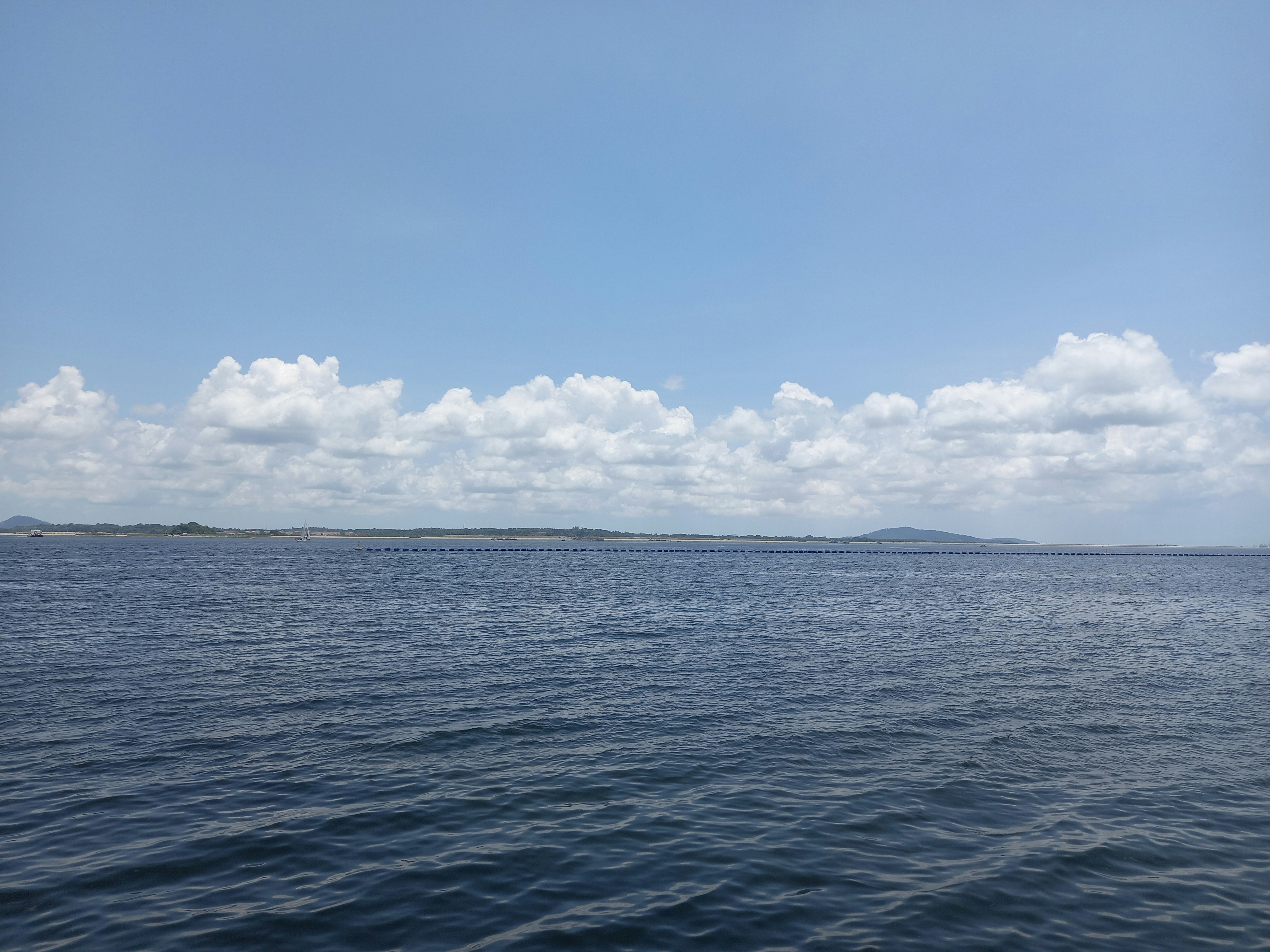 Calm seascape photo showing a distant horizon, deep blue water, and a sky dotted with fluffy cumulus clouds.