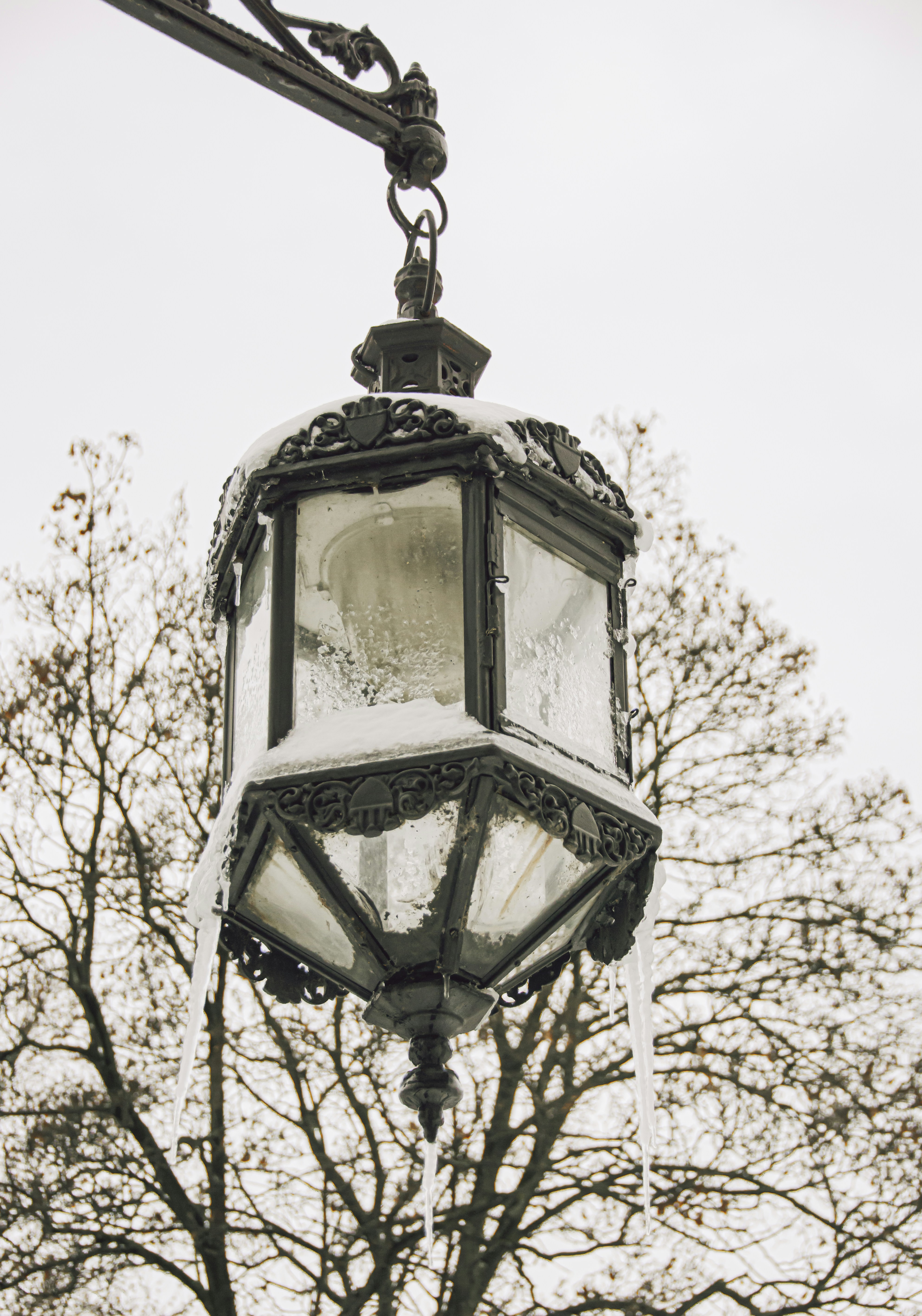 Icicles on an Antique Lantern Suspended by a Crane in Winter Quiet