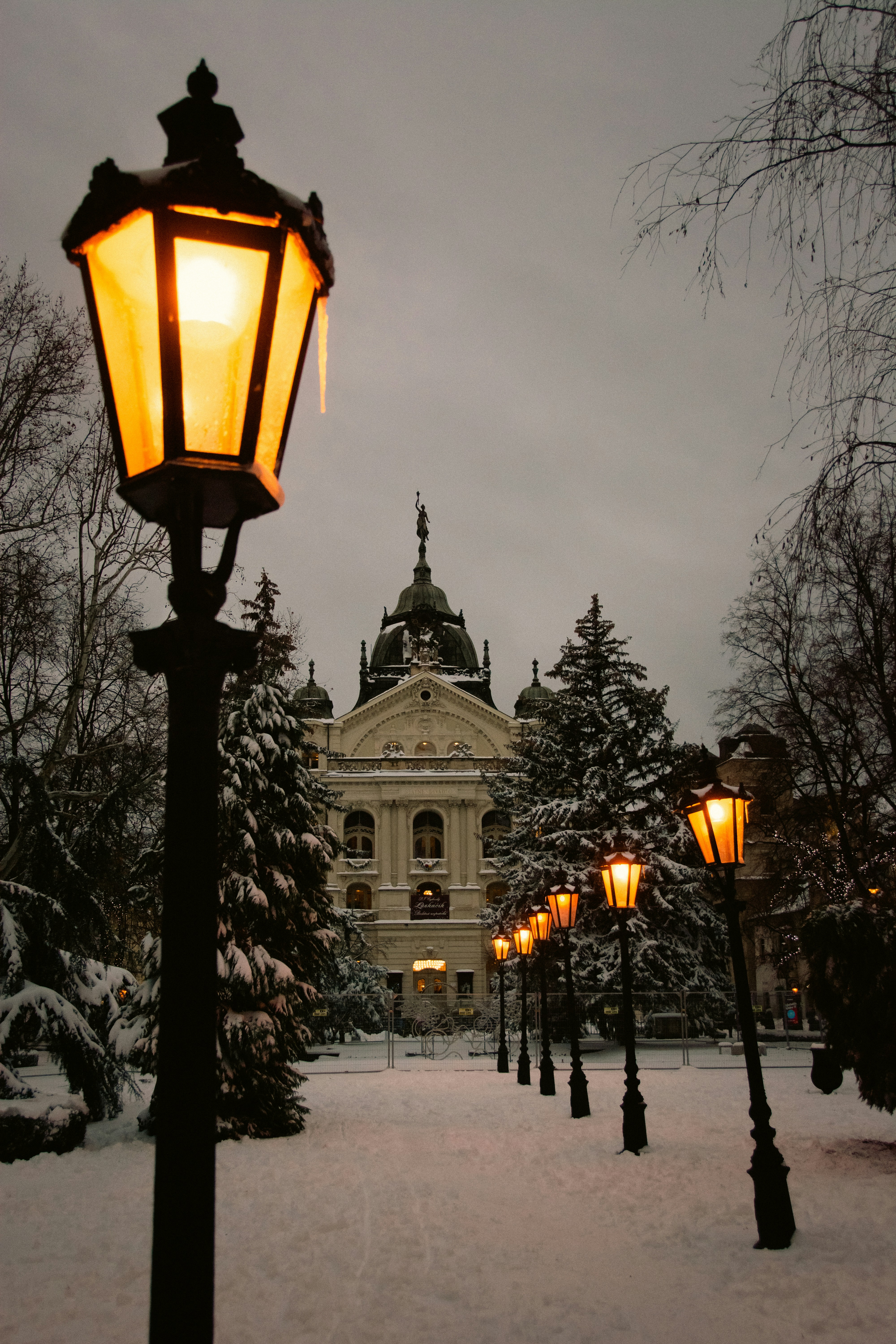a street light in the middle of a snow covered park