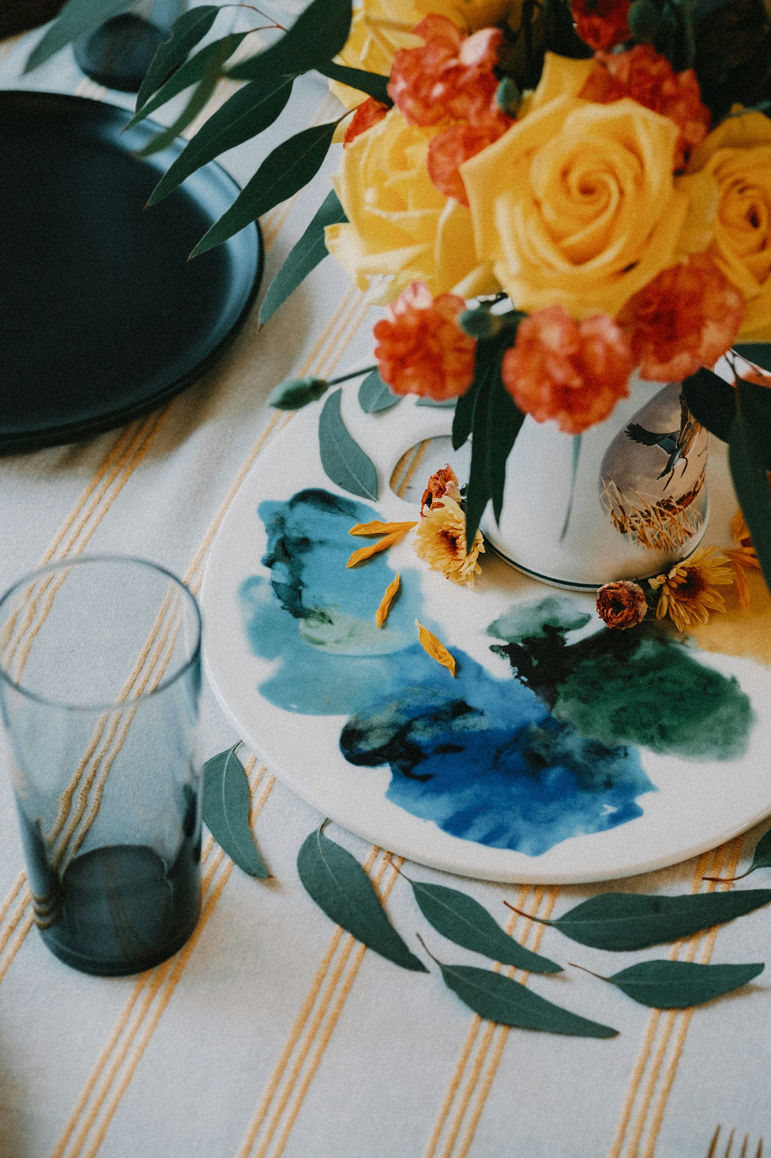 Sunlit Yellow Rose Bouquet on a Watercolor-Painted Plate