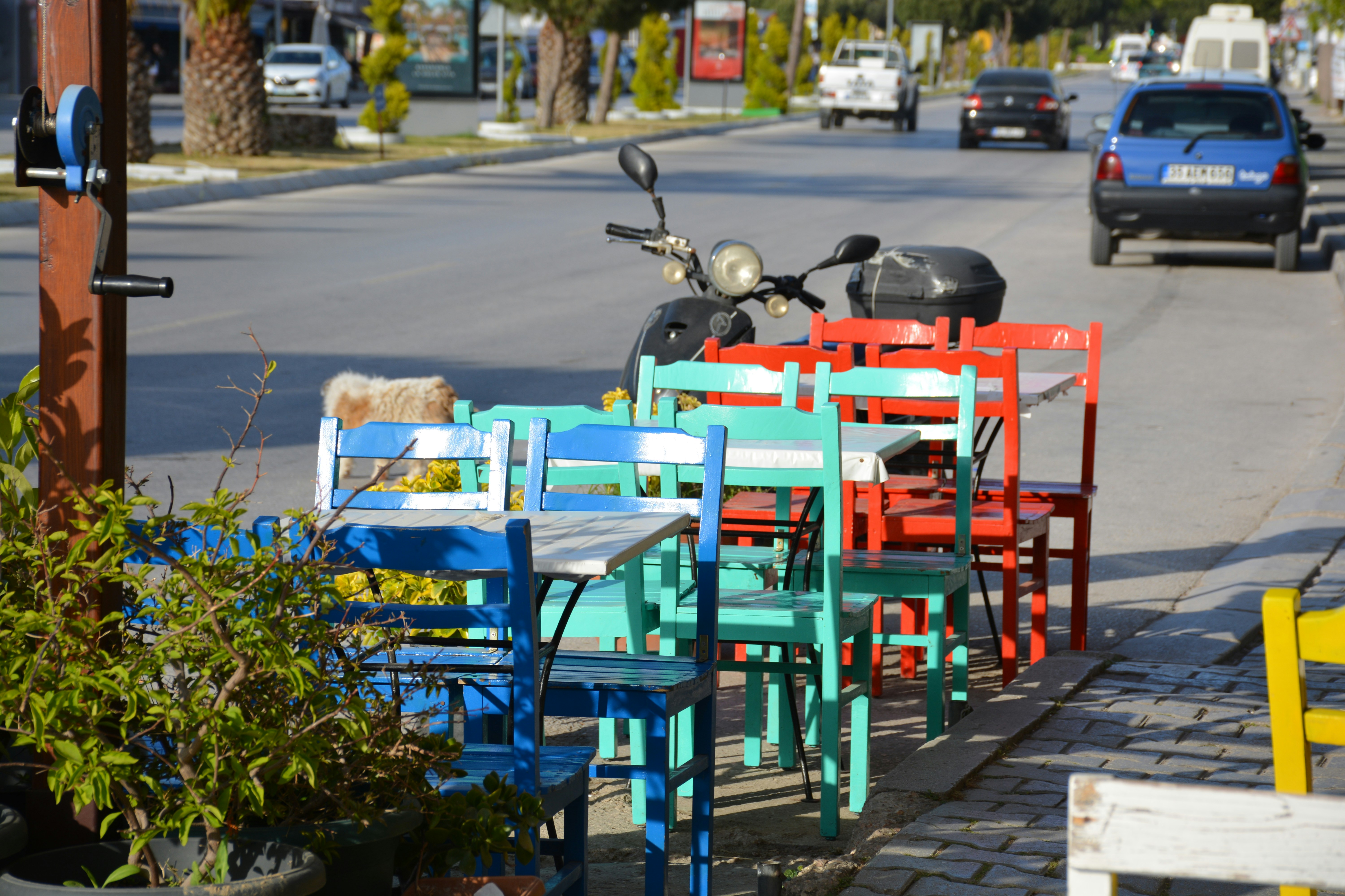 a row of colorful chairs sitting on the side of a road