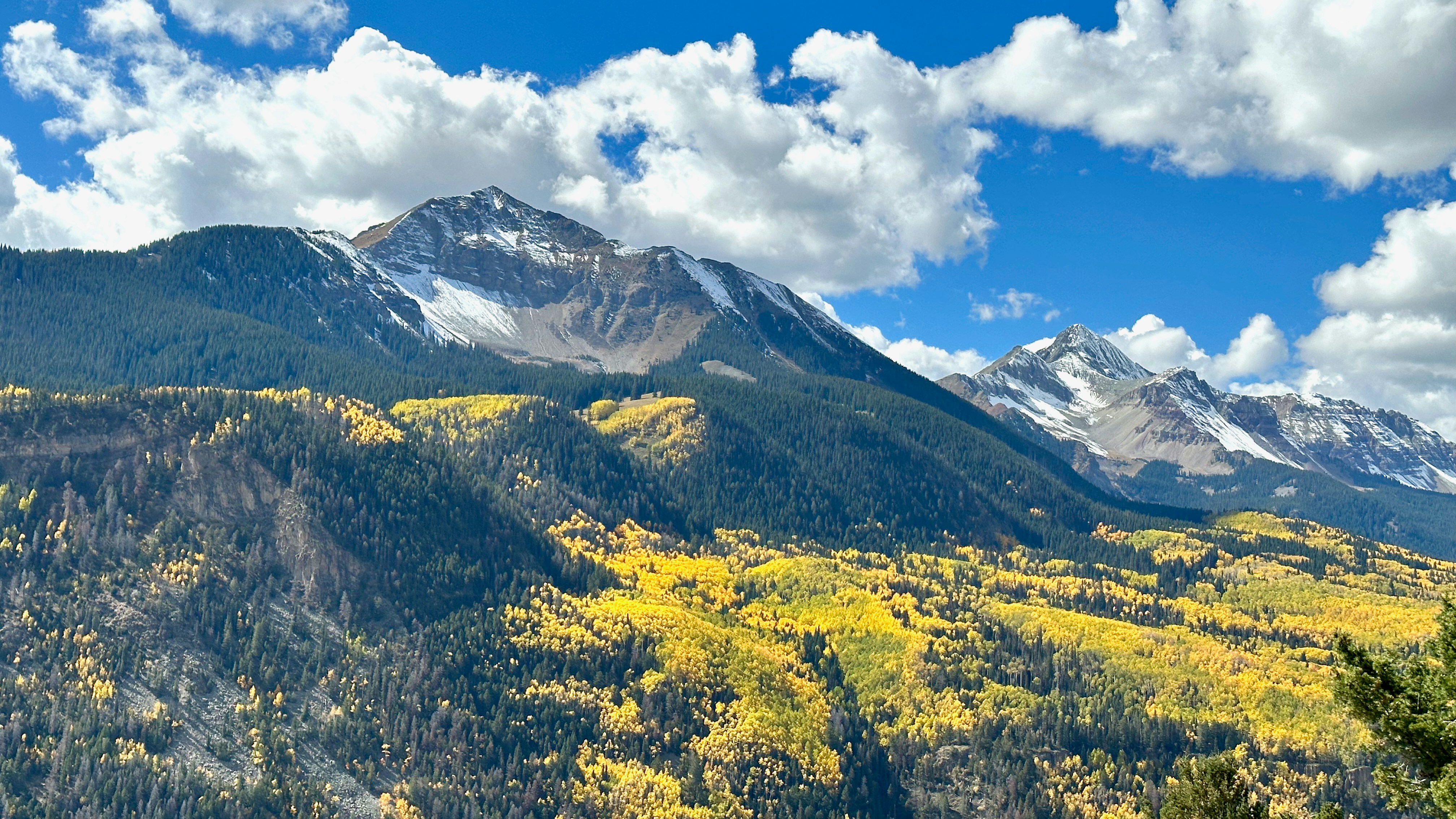 Vibrant yellow aspens blanket the foothills beneath rugged mountains under a bright blue sky with fluffy clouds.
