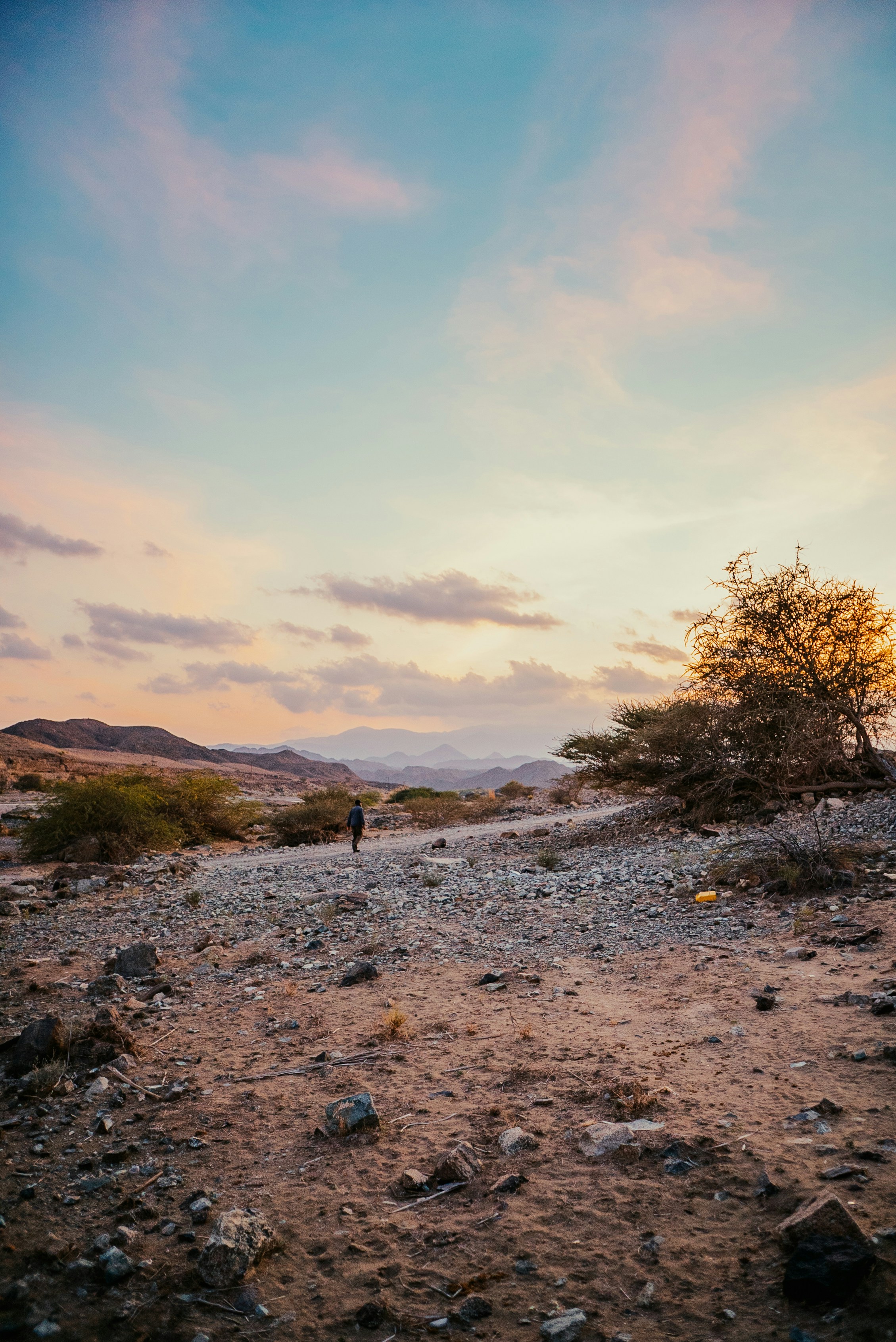 Lone Wanderer on a Pebble Plain Under Desert Twilight