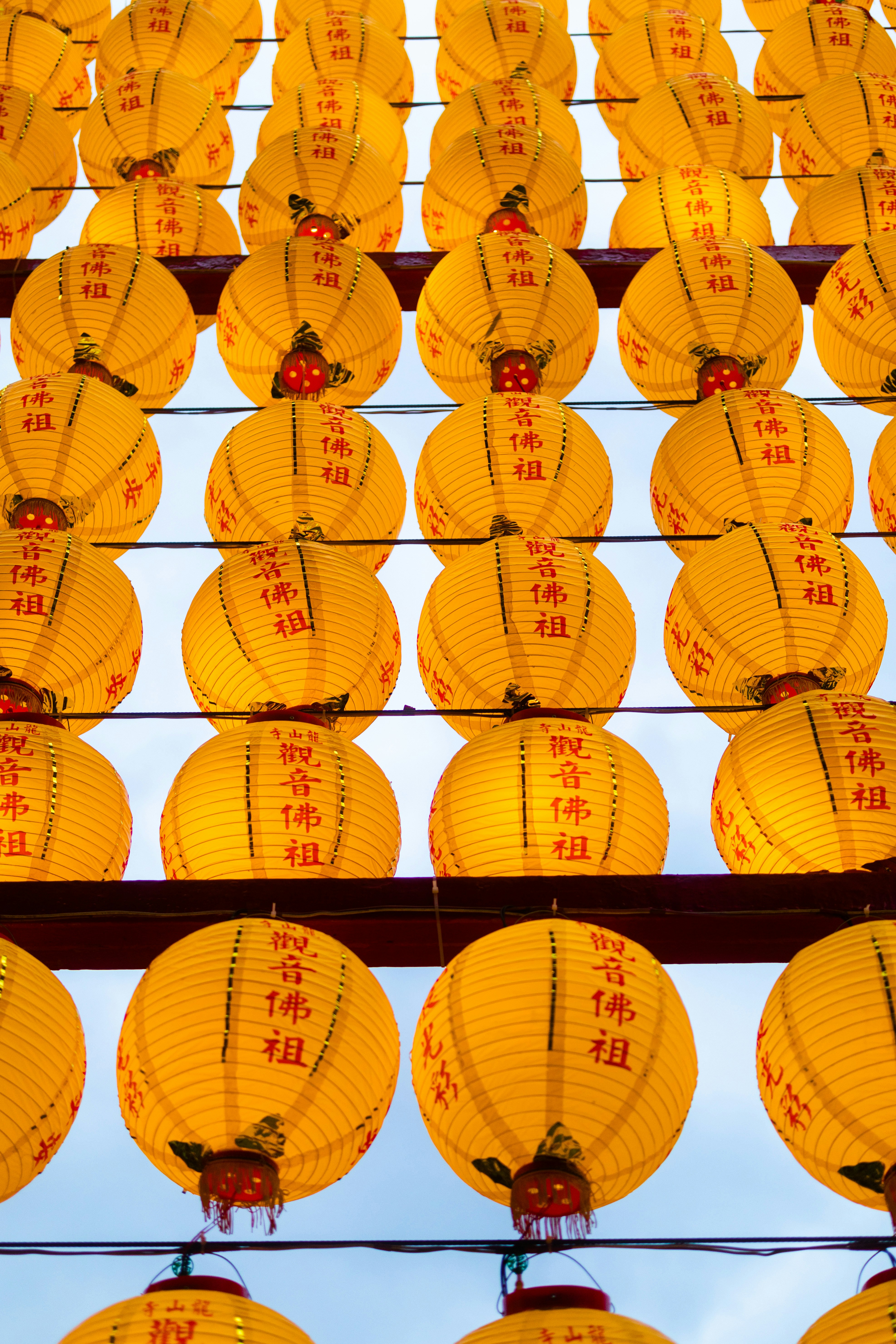 A bunch of yellow lanterns hanging from a wire photo – Free Pattern ...