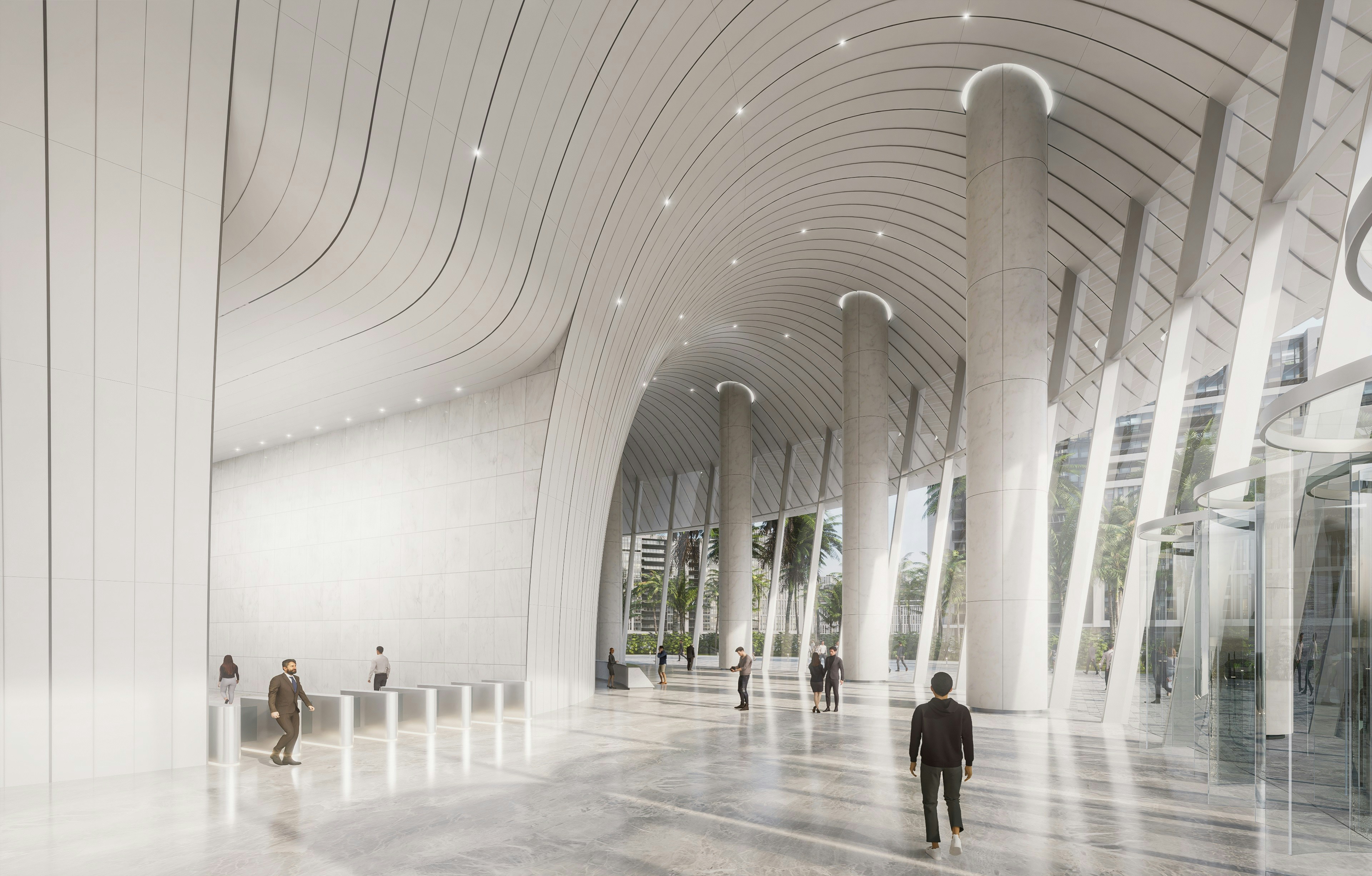 A group of people walking inside of a building photo – Free 3d render ...