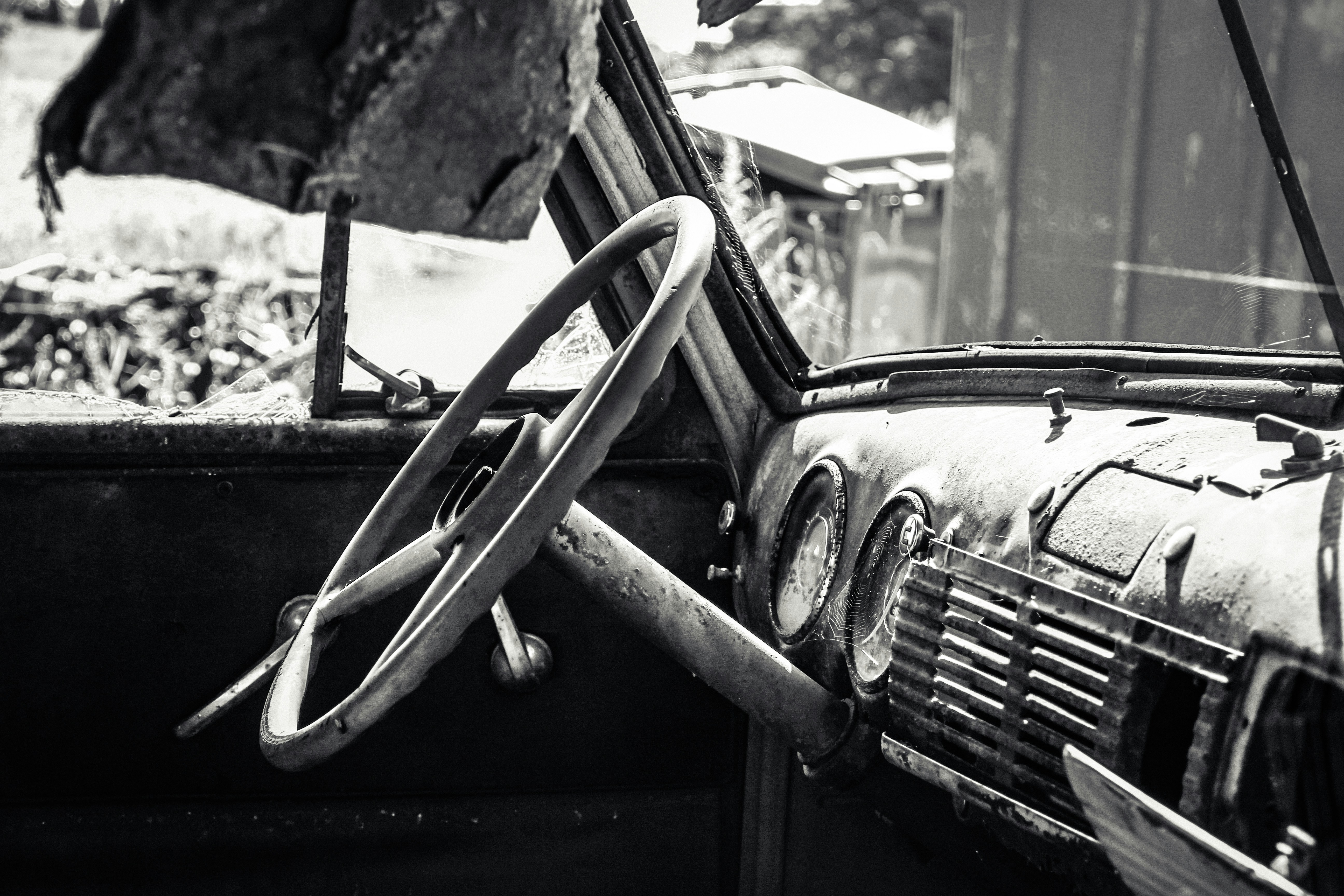Interior of a vintage car showcasing a weathered steering wheel and dashboard, reflecting years of neglect and history.