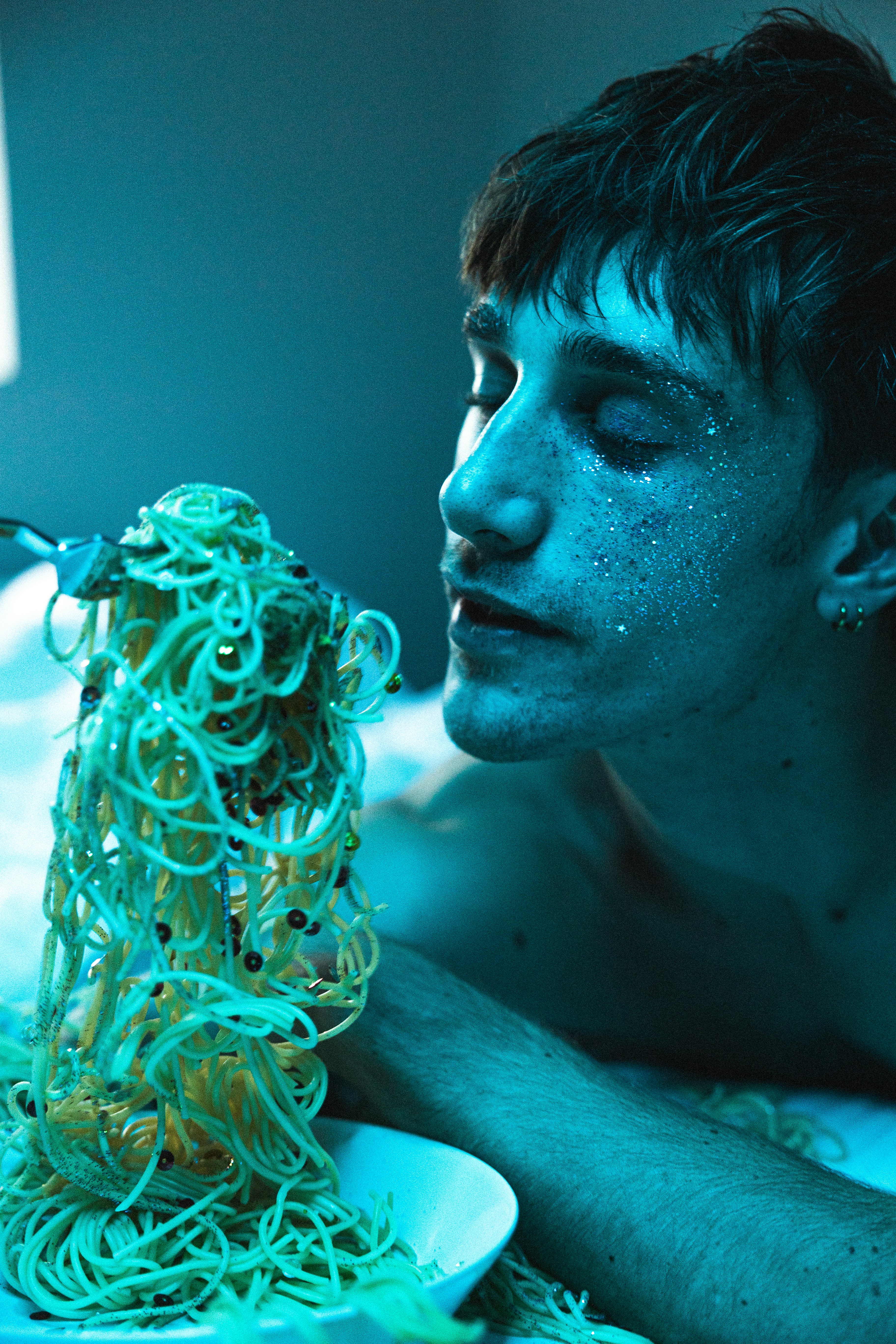 Glittered Serenity: a quiet moment with neon noodles