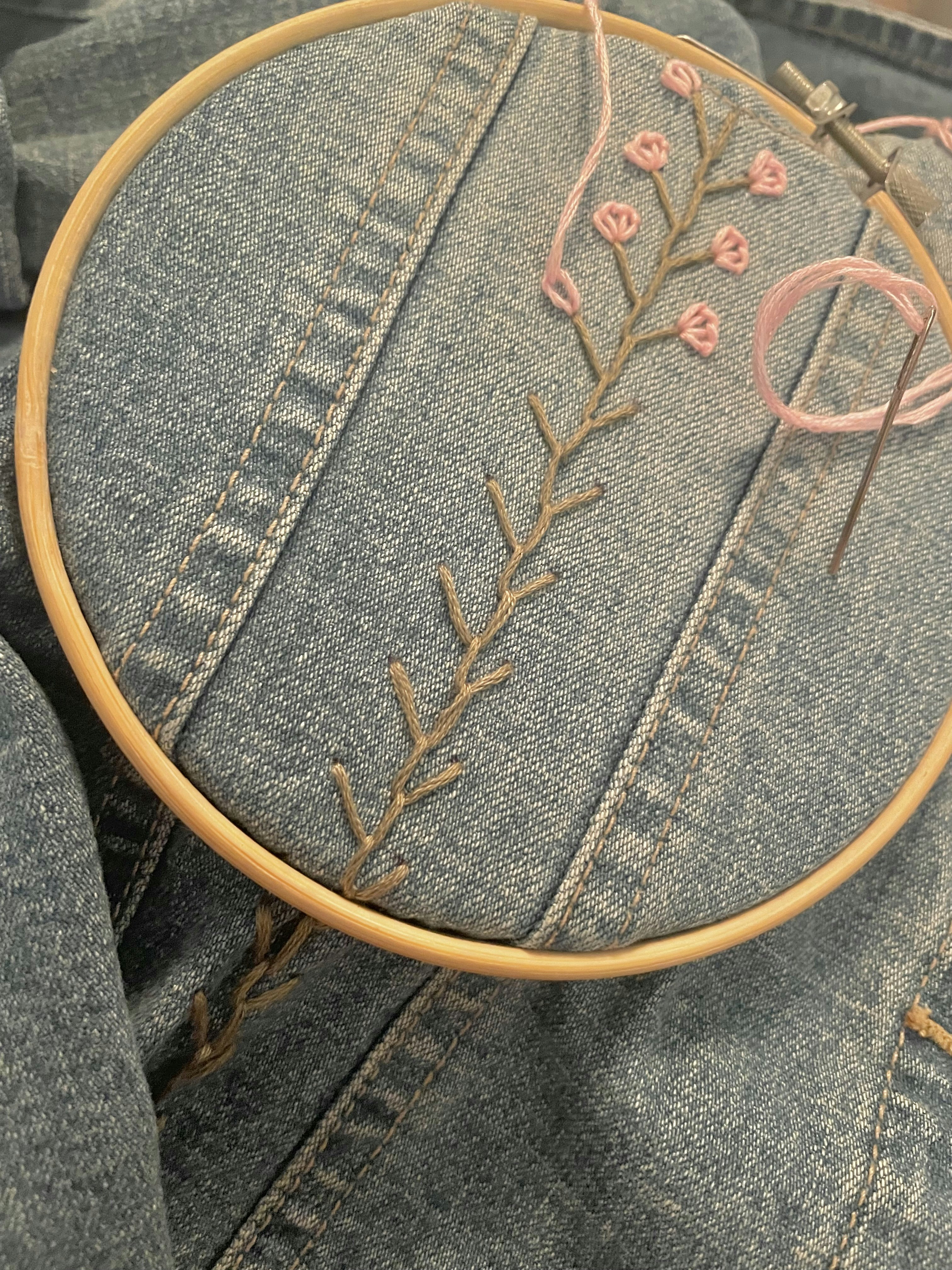 Denim Embroidery in Focus: A Gentle Ring Cradling Pink Buds