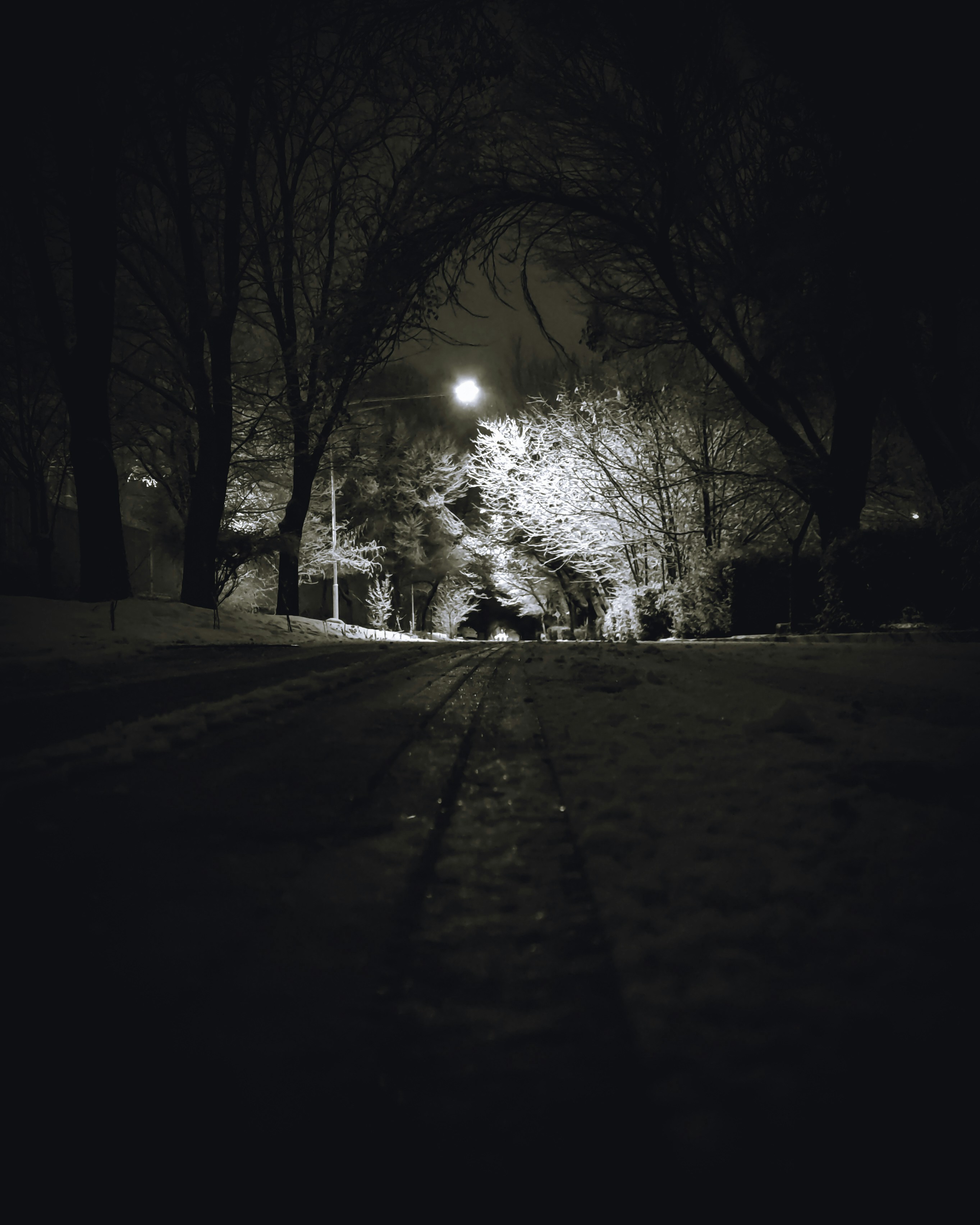 A dark street at night with a street light in the distance photo – Free ...