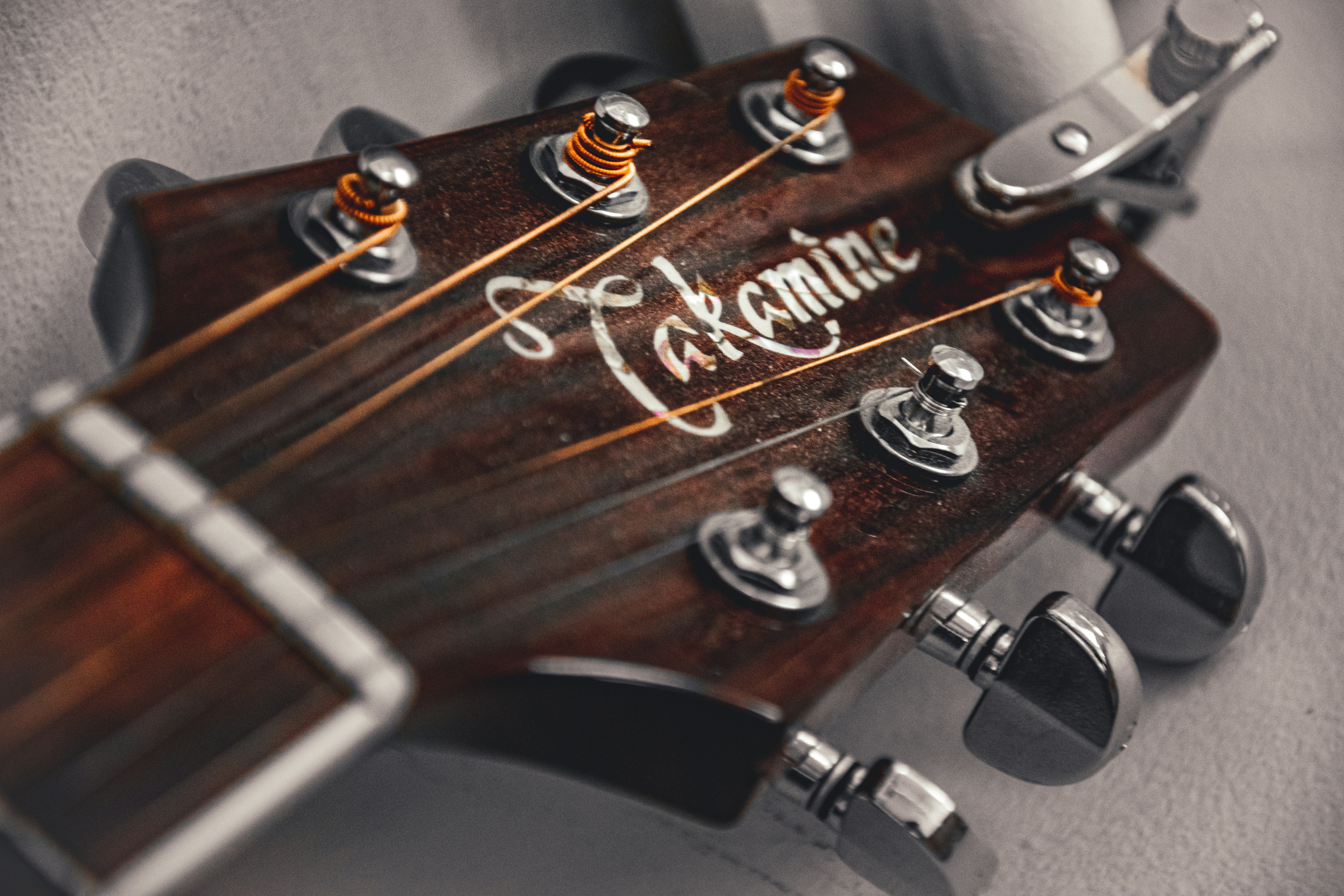 Close-Up Takamine Headstock: Wood Grain, Chrome Tuning Pegs and the Script Logo