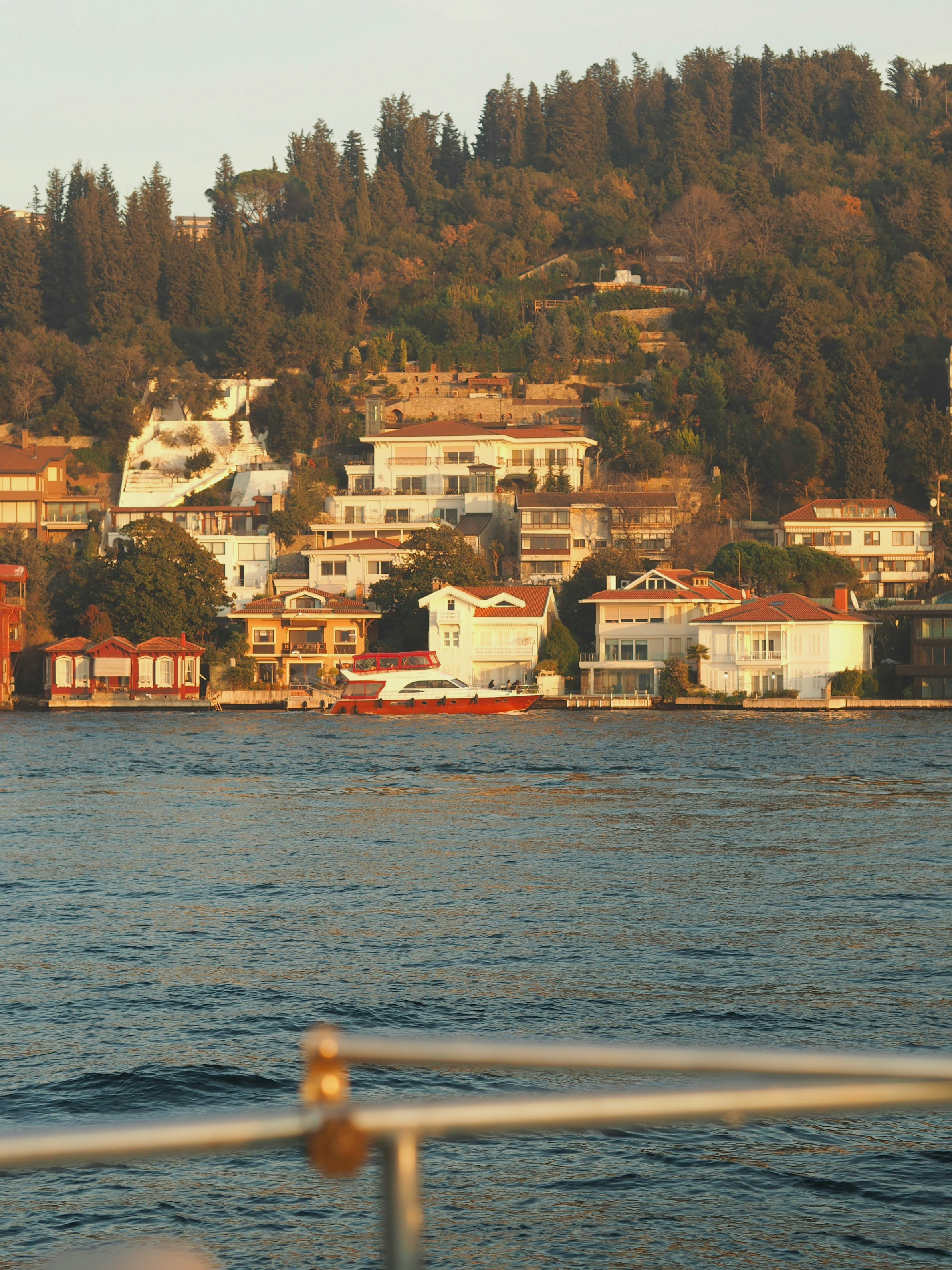 Sunlit Waterfront Village Nestled Between Water and Pines