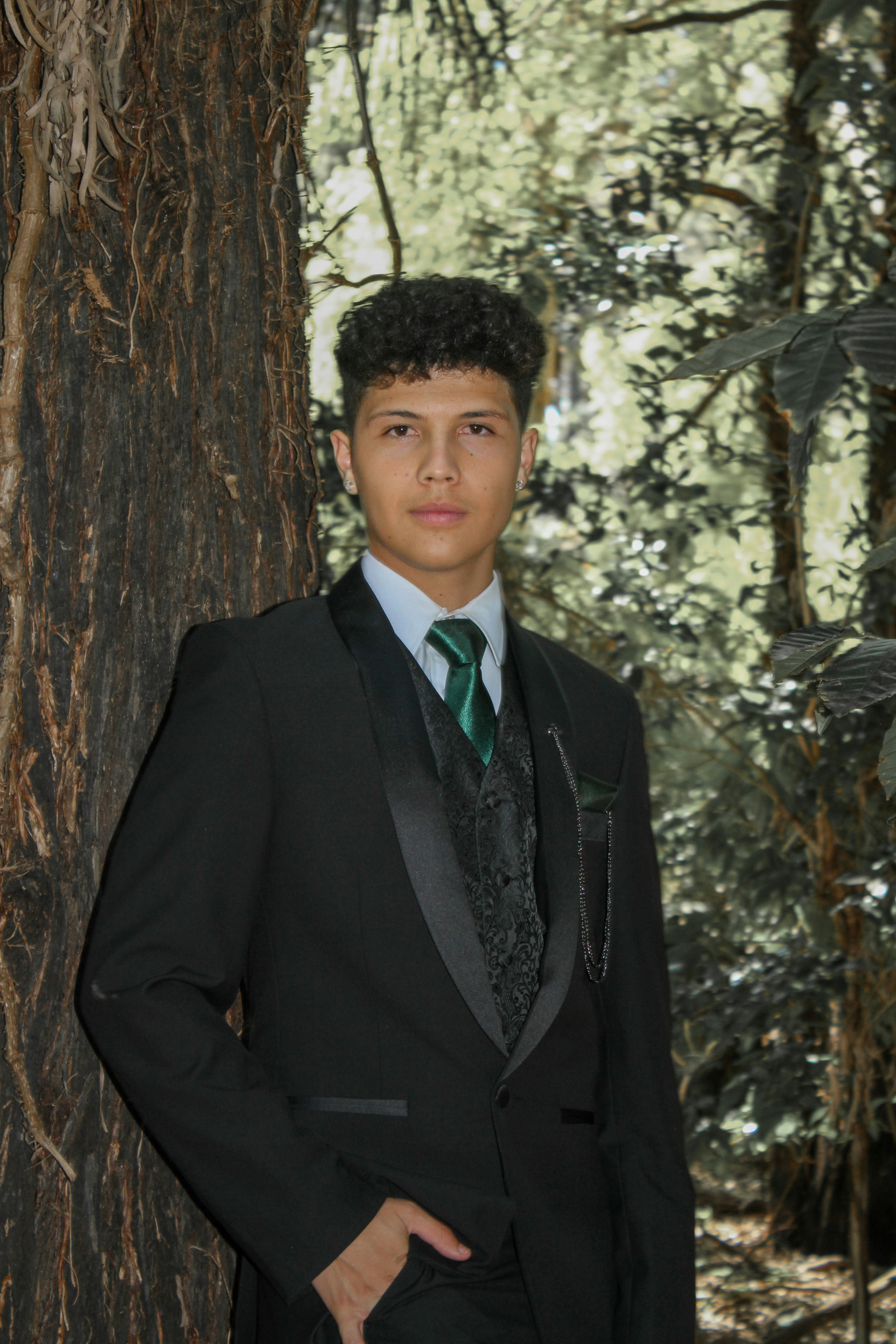 A young man in a suit standing next to a tree photo – Free Suit Image ...