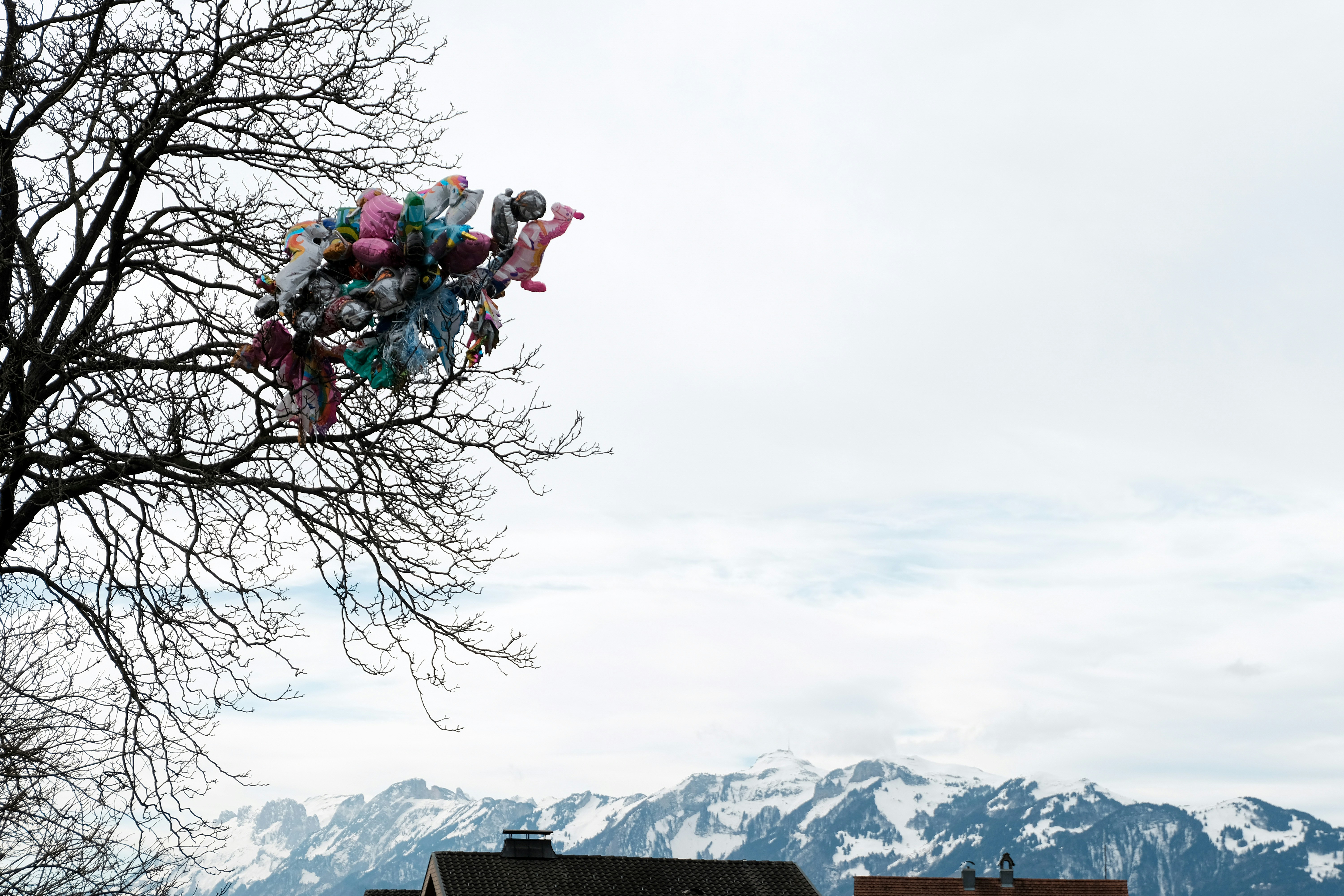 Snowbound Leap: Balloons and Snow-Tipped Peaks