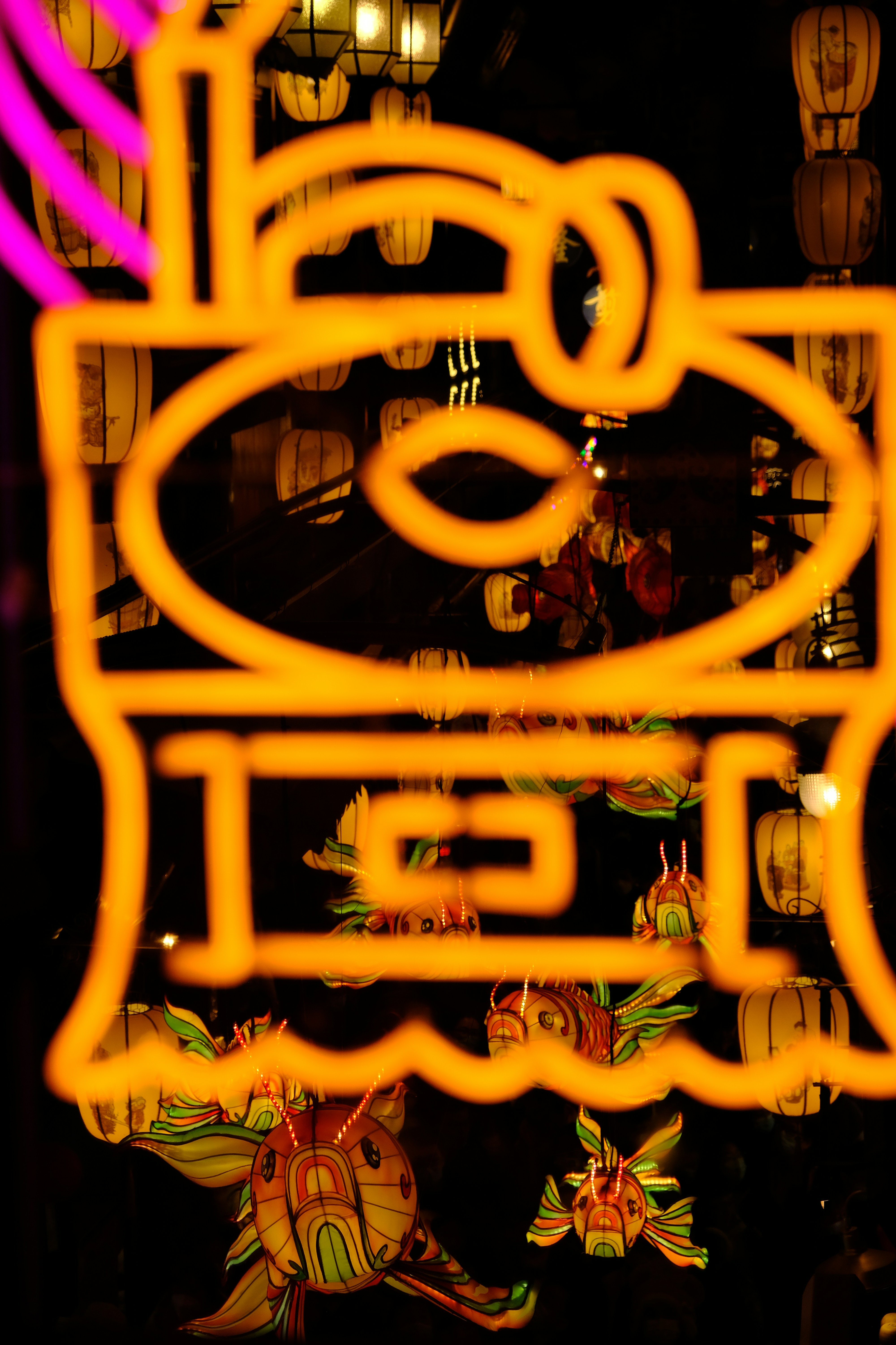 Neon Cartoon Guardian Framing a Lantern Night