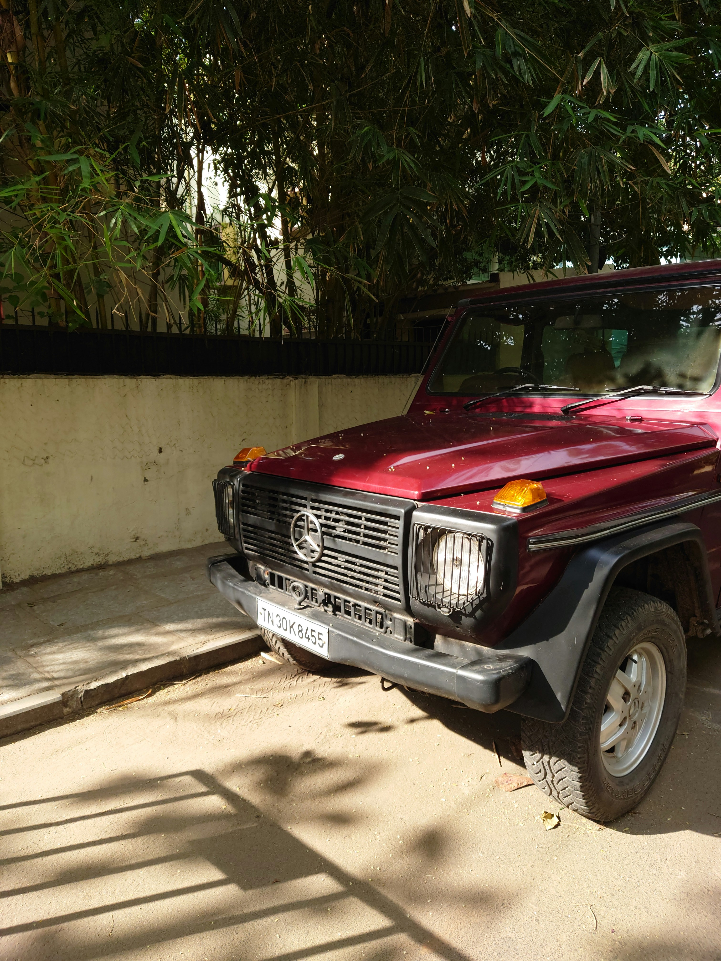 Photograph of a maroon SUV with a chrome grille parked beside a pale wall under a dense bamboo canopy.