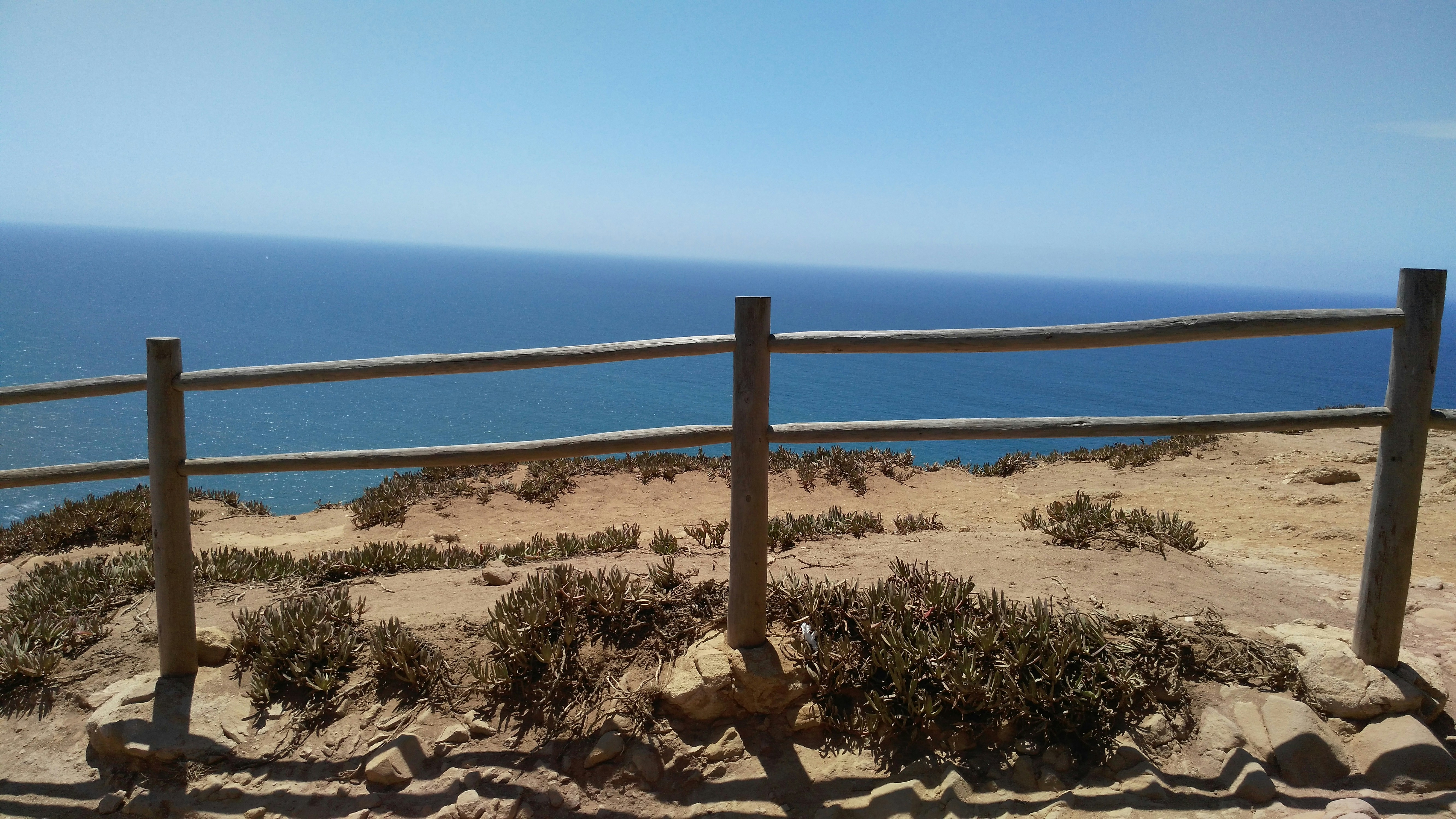 Photograph of a coastal cliff with a weathered wooden fence and scrubby plants overlooking the blue sea.