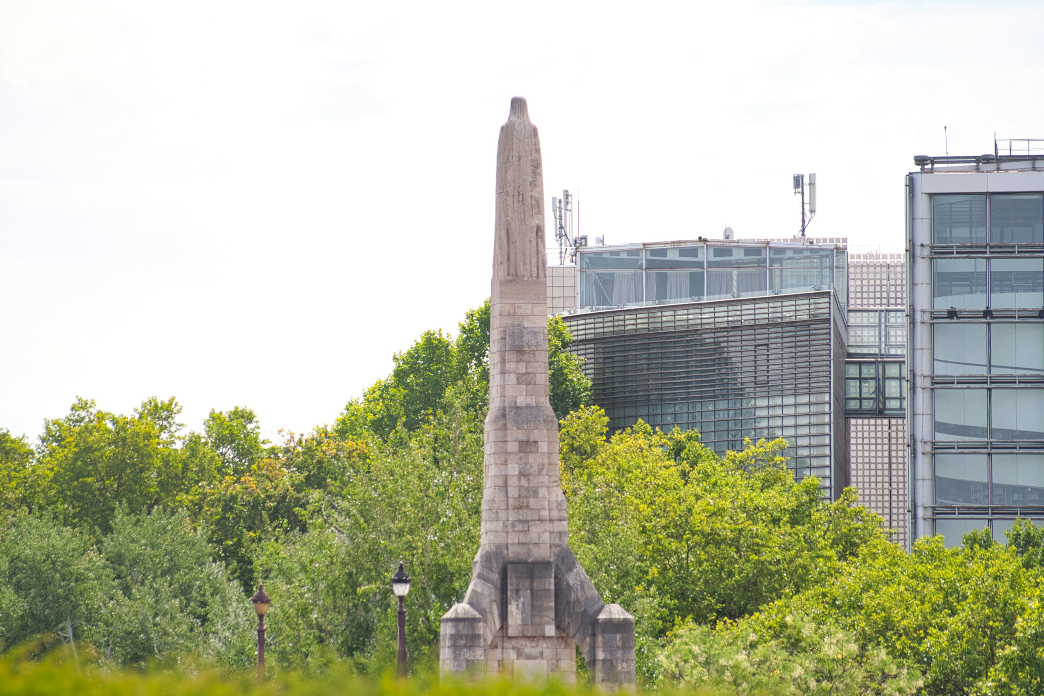 Central Obelisk Rising Above a Parked-Tree Commonscape