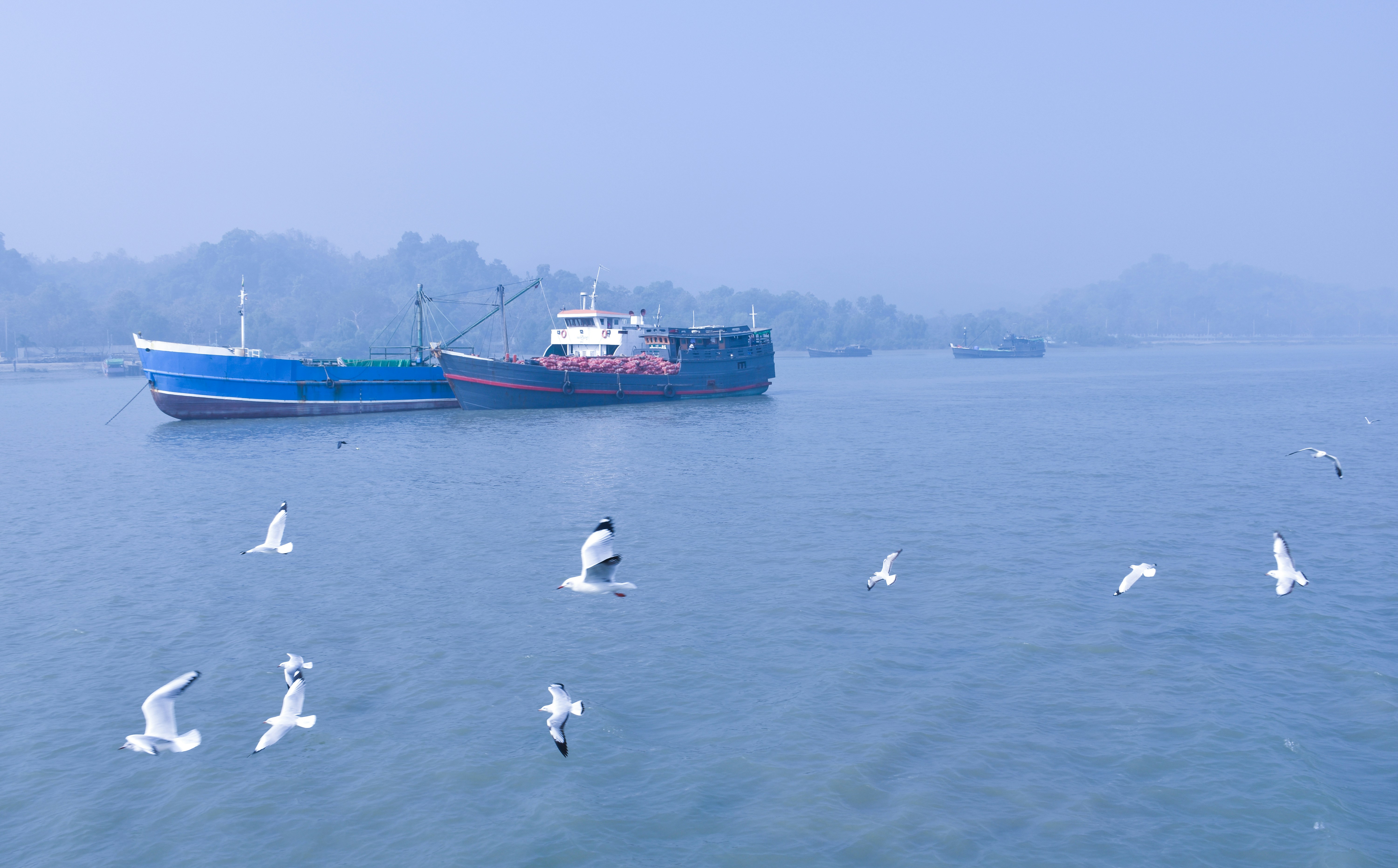 A large blue boat floating on top of a body of water photo – Free ...