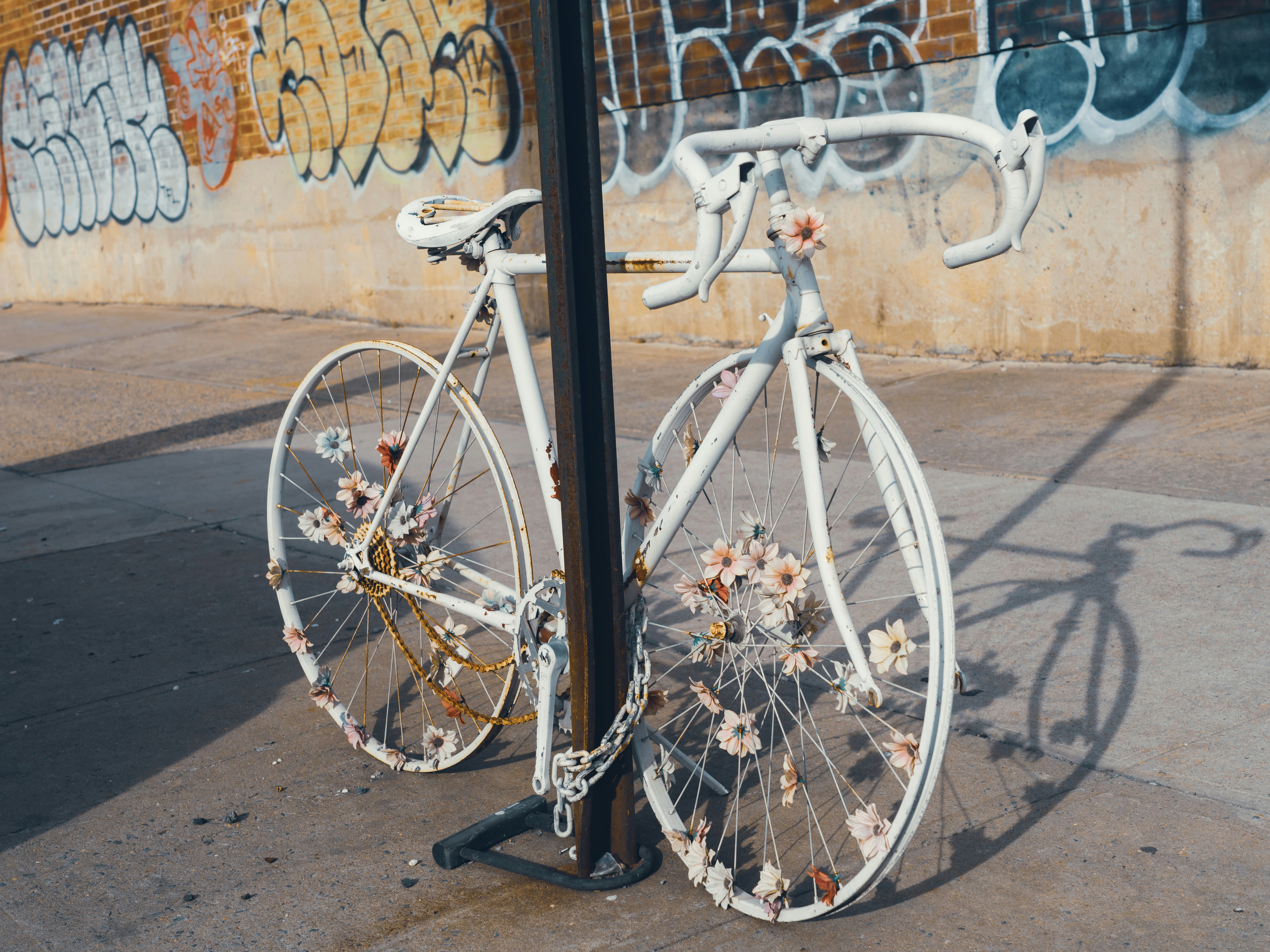 A white bicycle is chained to a pole photo – Free Brooklyn Image on ...