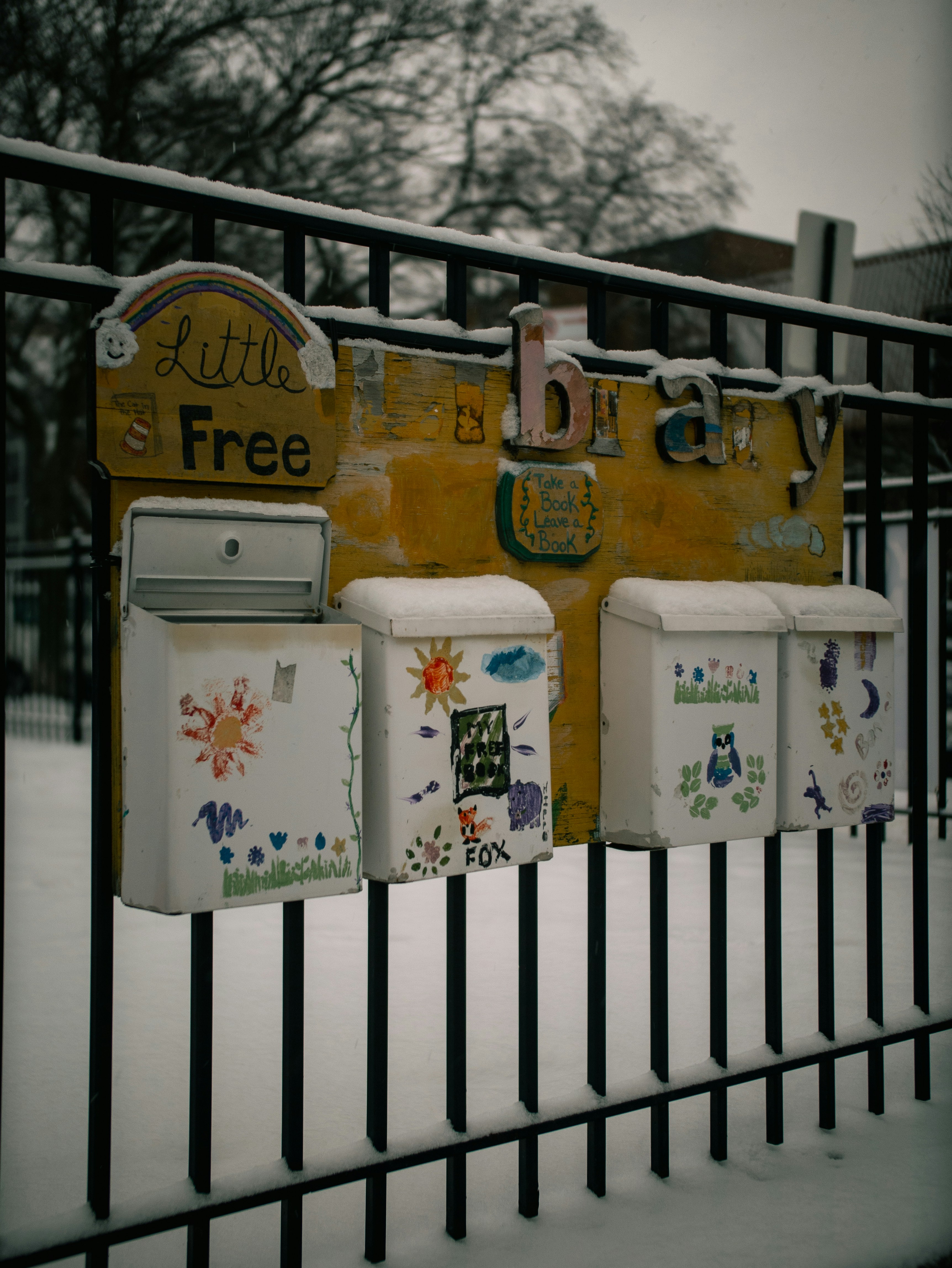 Color on the Fence: Hand-Painted Mailboxes Beneath a Snowy Little Free Library Sign