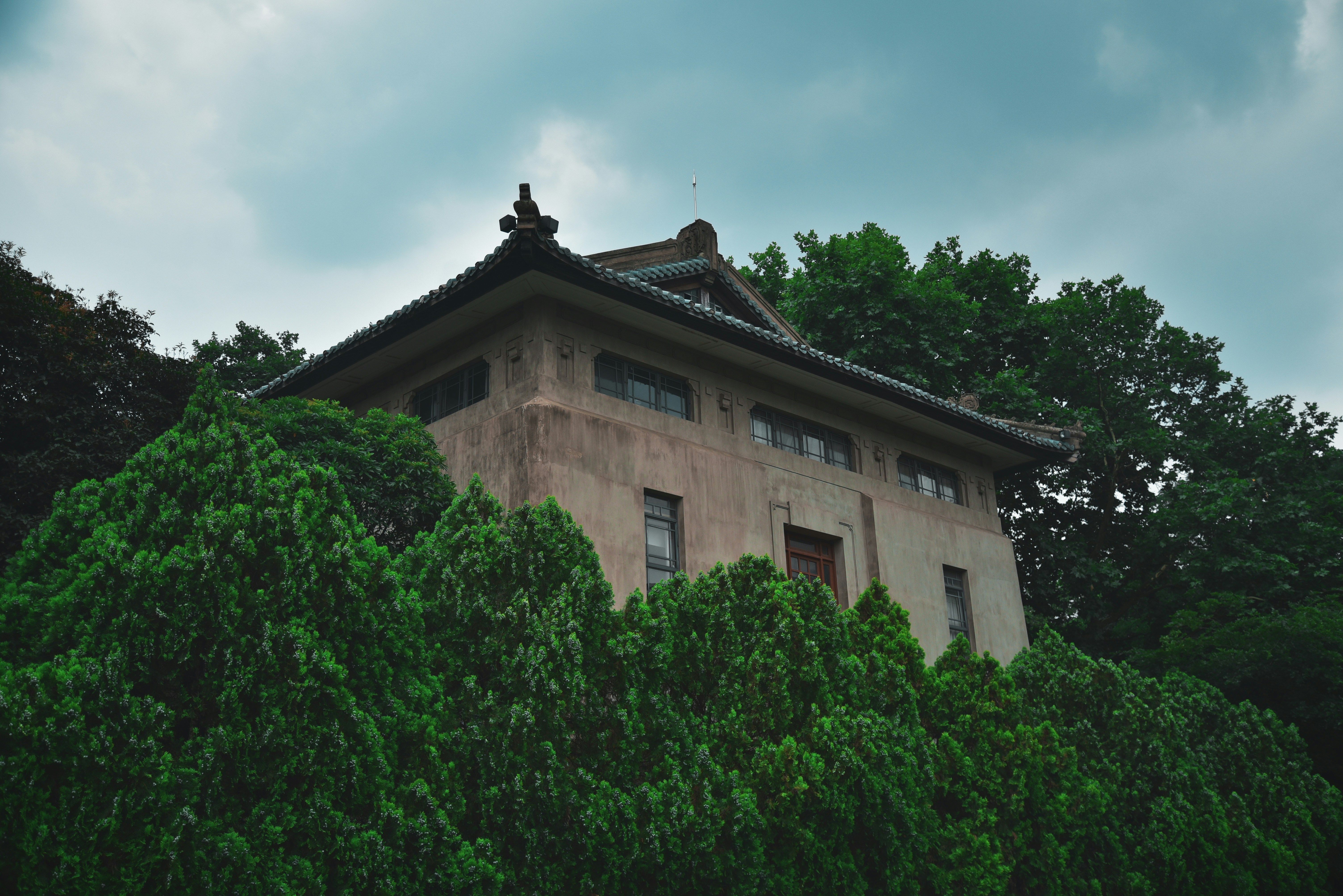A tall building surrounded by trees under a cloudy sky photo – Free ...