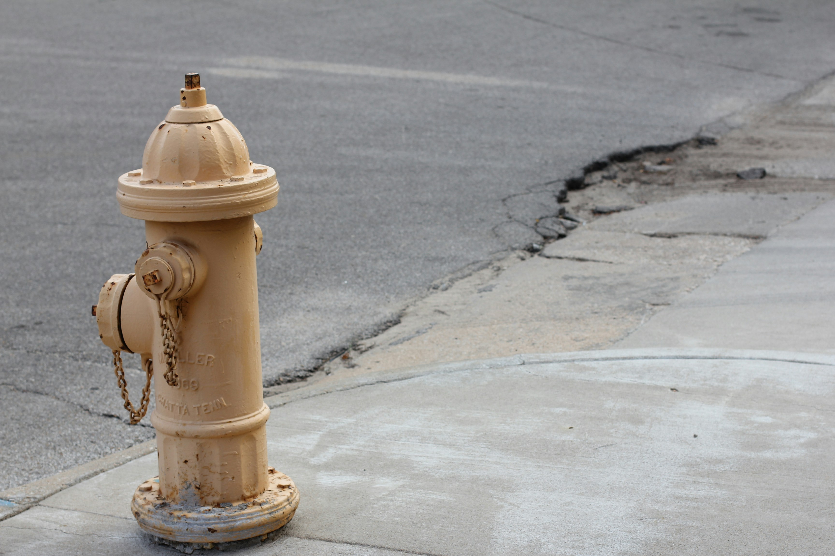 Pale-Yellow Fire Hydrant Quietly Guarding a Cracked Sidewalk