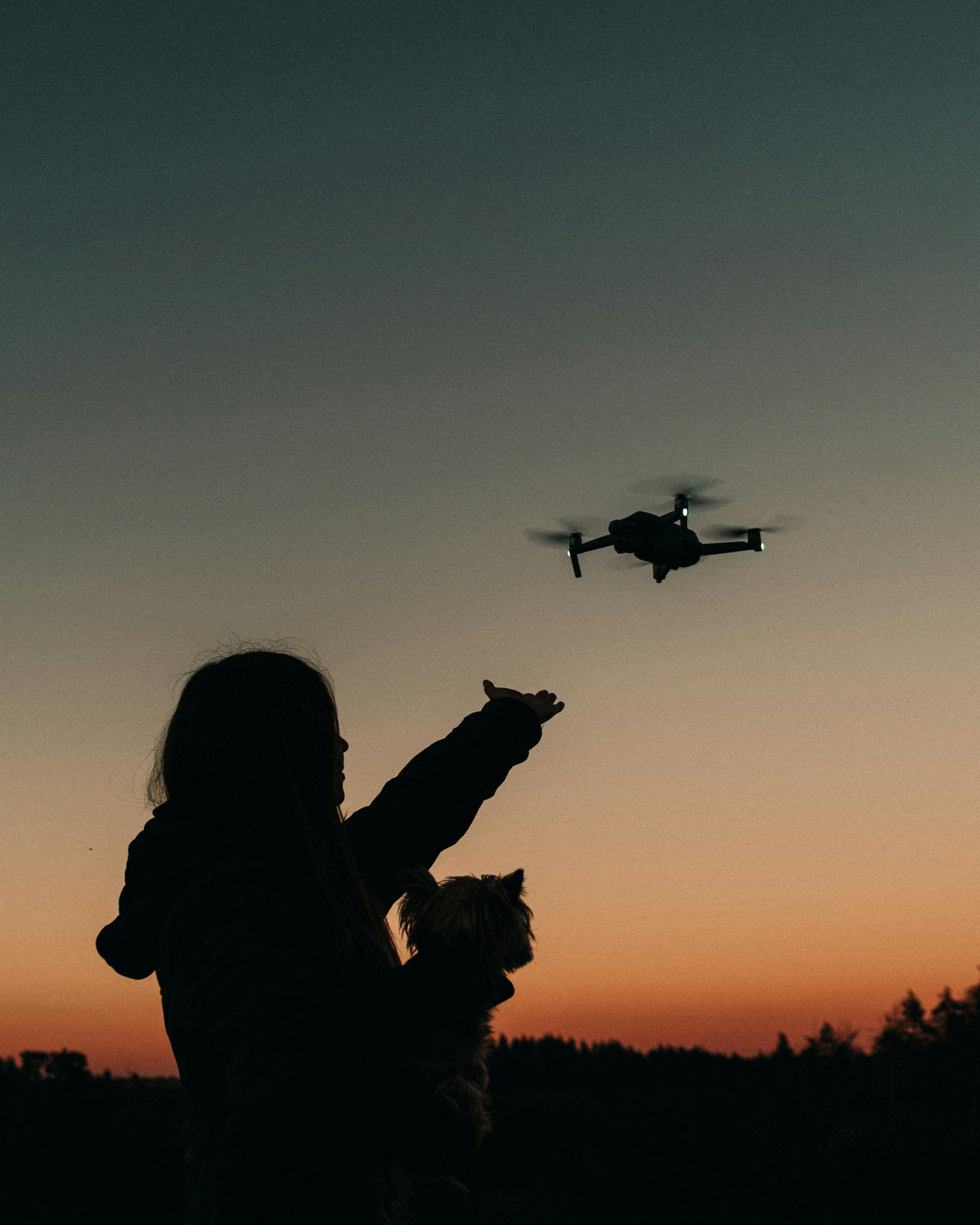 Dusk Silhouette: A Child and Dog Observe a Drone in Flight