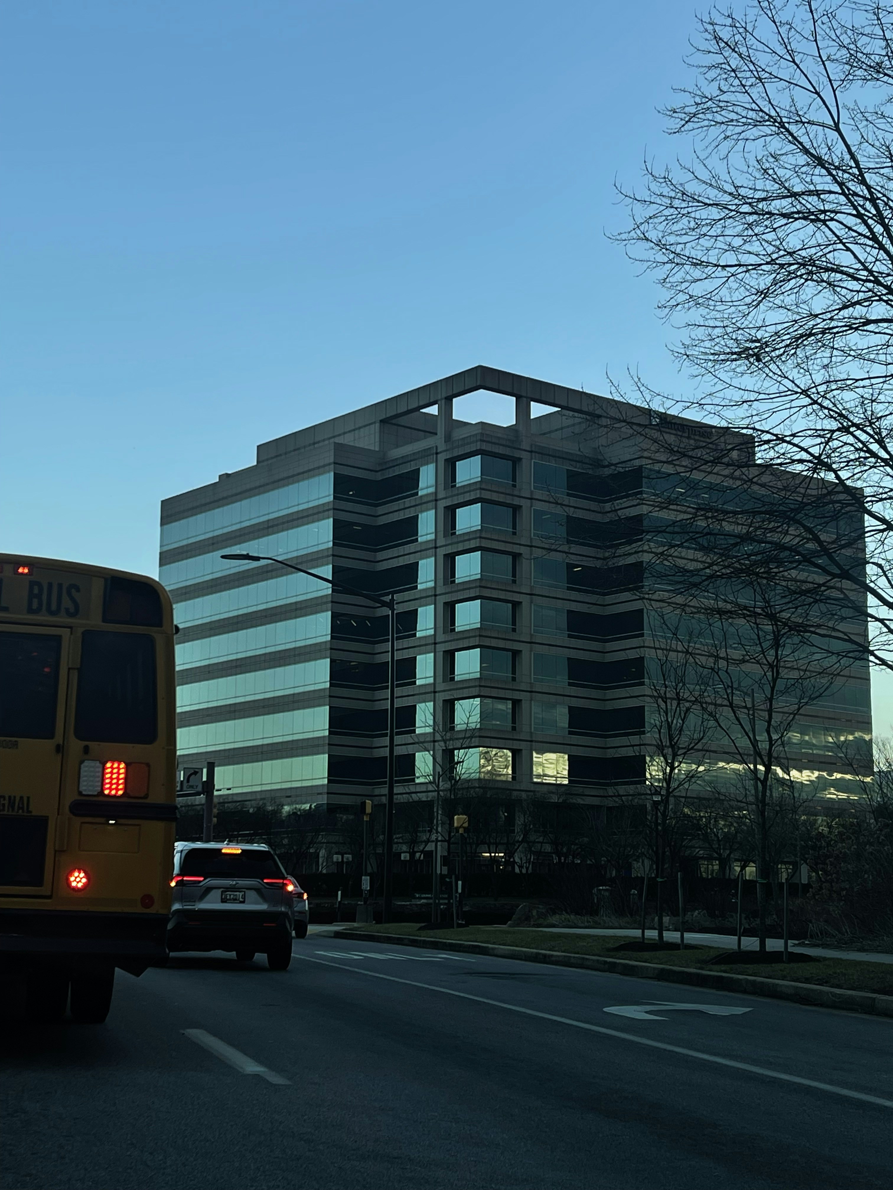Blue Hour Reflections on a Glass Tower Framed by Winter Trees