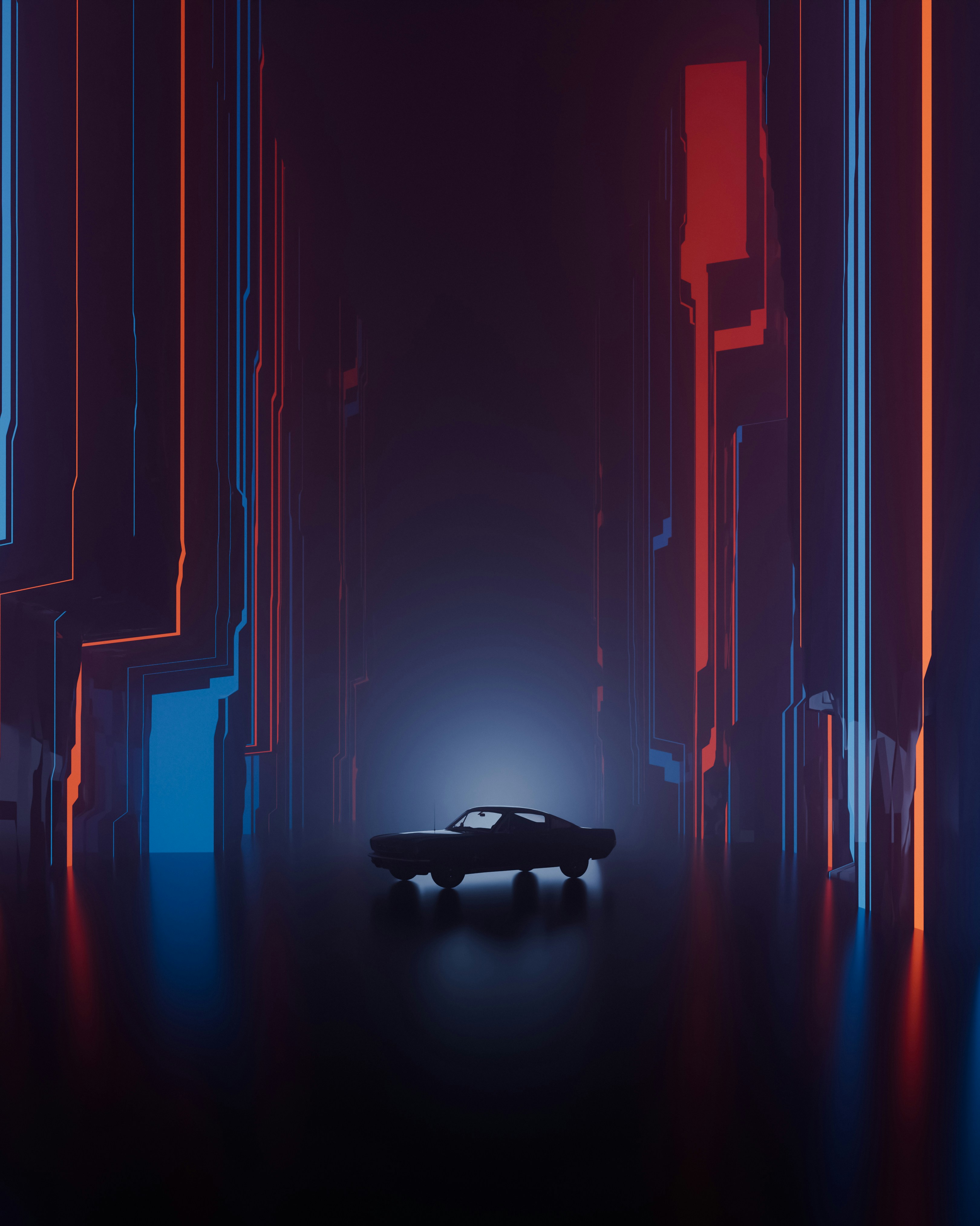 Foto zum Thema Ein Auto in einem dunklen Raum mit Neonlicht ...