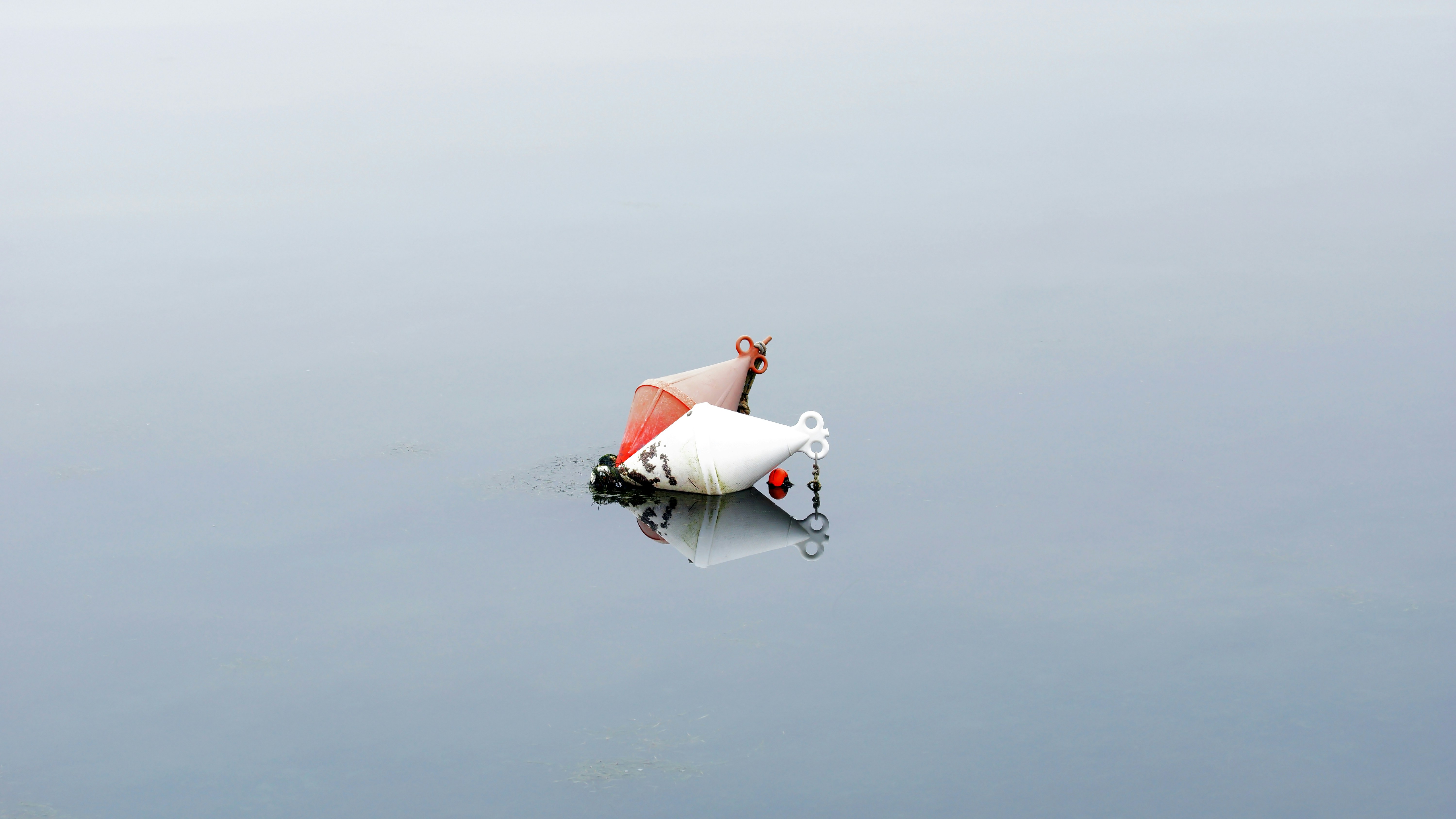 Tiny red-and-white sailboat floating on a mirror-like water surface